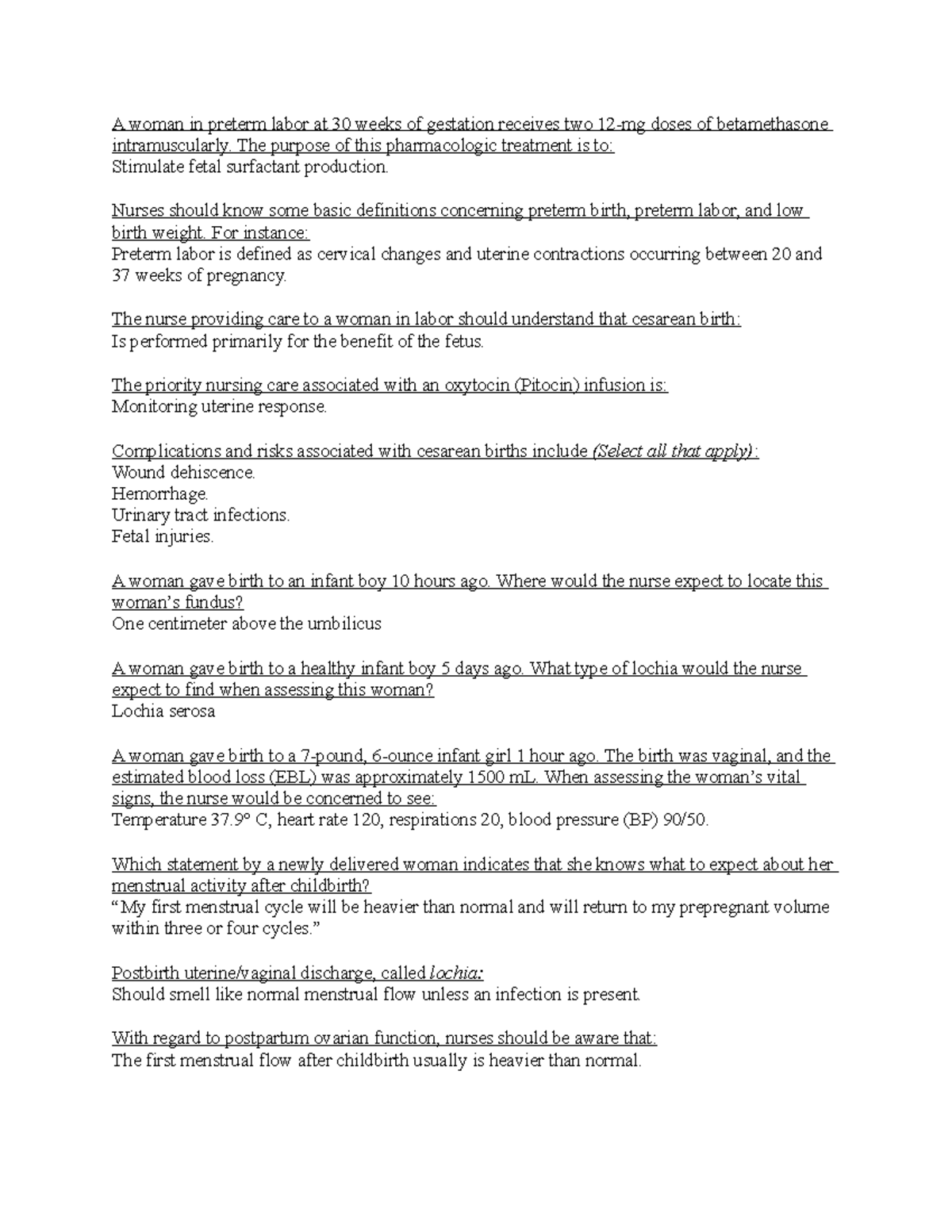 Nur1025 maybe exam 2 - Lecture notes 1 - A woman in preterm labor at 30 ...