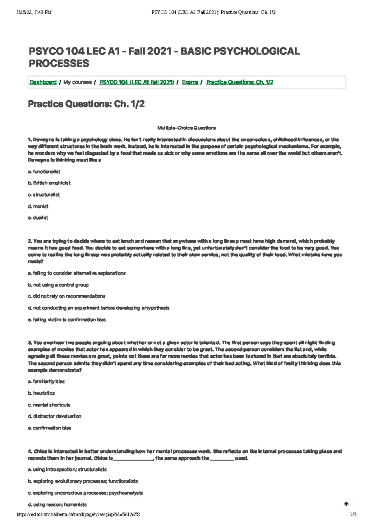 Psyco 104 (LEC A1 Fall 2021) Practice Questions Ch. 1 2 - 1/25/22, 7:43 PM PSYCO 104 (LEC A1 ...