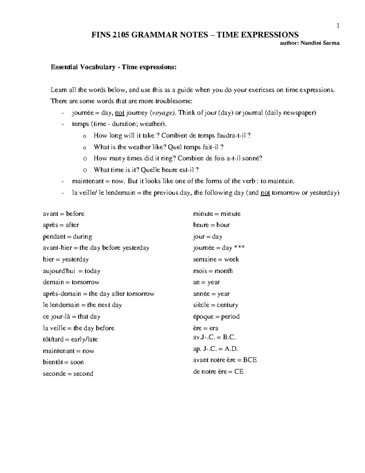 Grammar notes 09 Time expressions - 1 FINS 2105 GRAMMAR NOTES – TIME ...