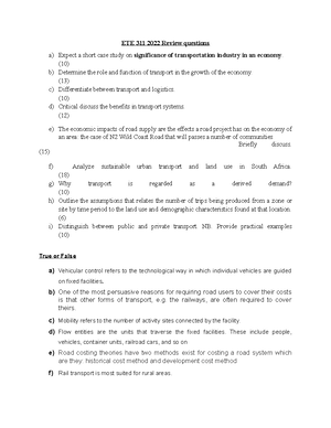 ETE 311 Test1 2024 - NOTES - UNIVERSITY OF FORT HARE Transport ...