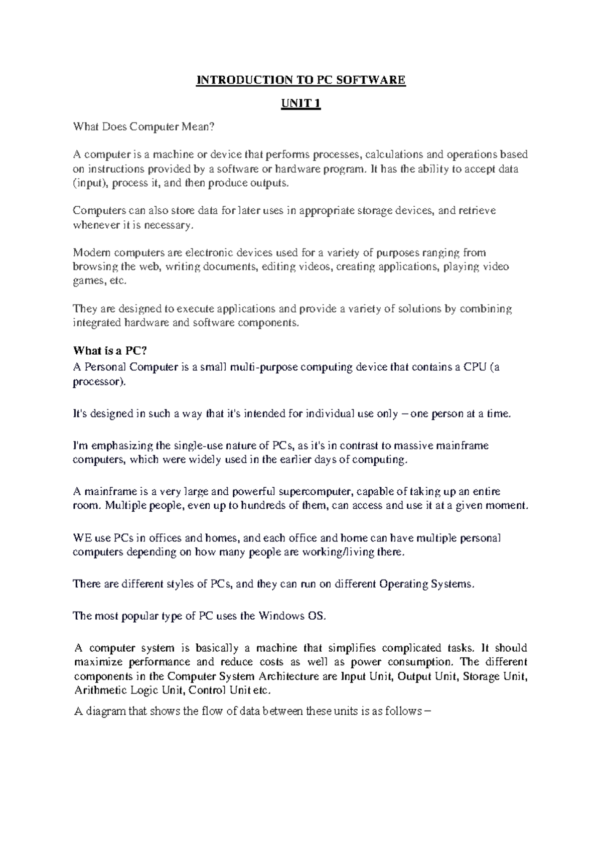 Introduction TO PC Software Unit1 - INTRODUCTION TO PC SOFTWARE UNIT 1 ...