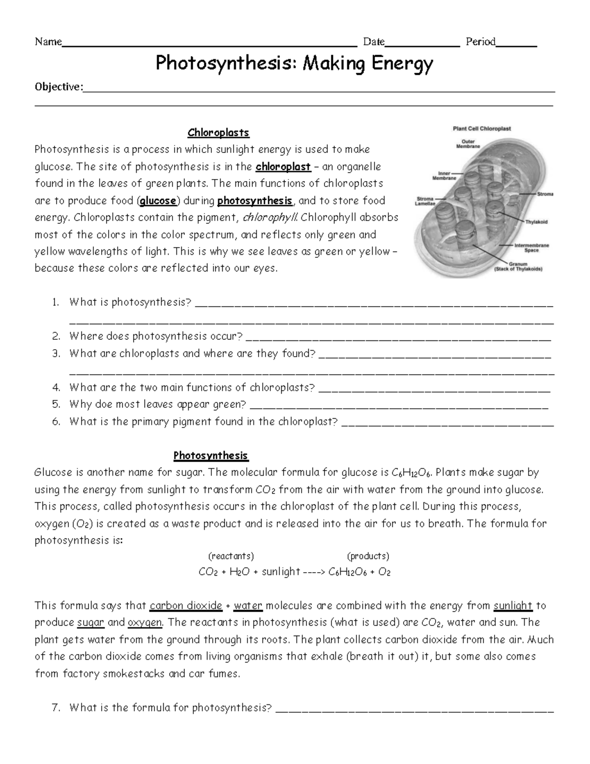Photosynthesis- Cellular Respiration Worksheet - Photosynthesis: Making ...