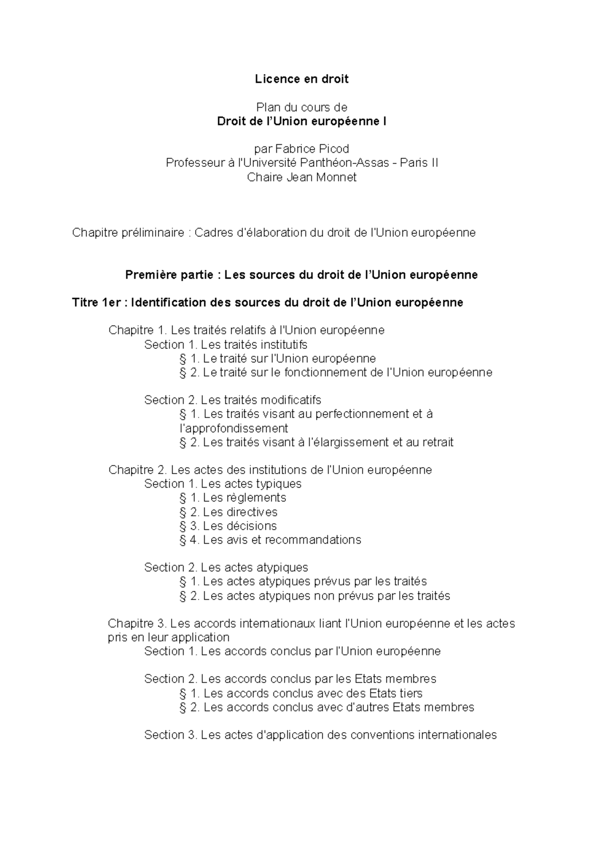 Plan Cours de DUE - Licence en droit Plan du cours de Droit de l’Union ...