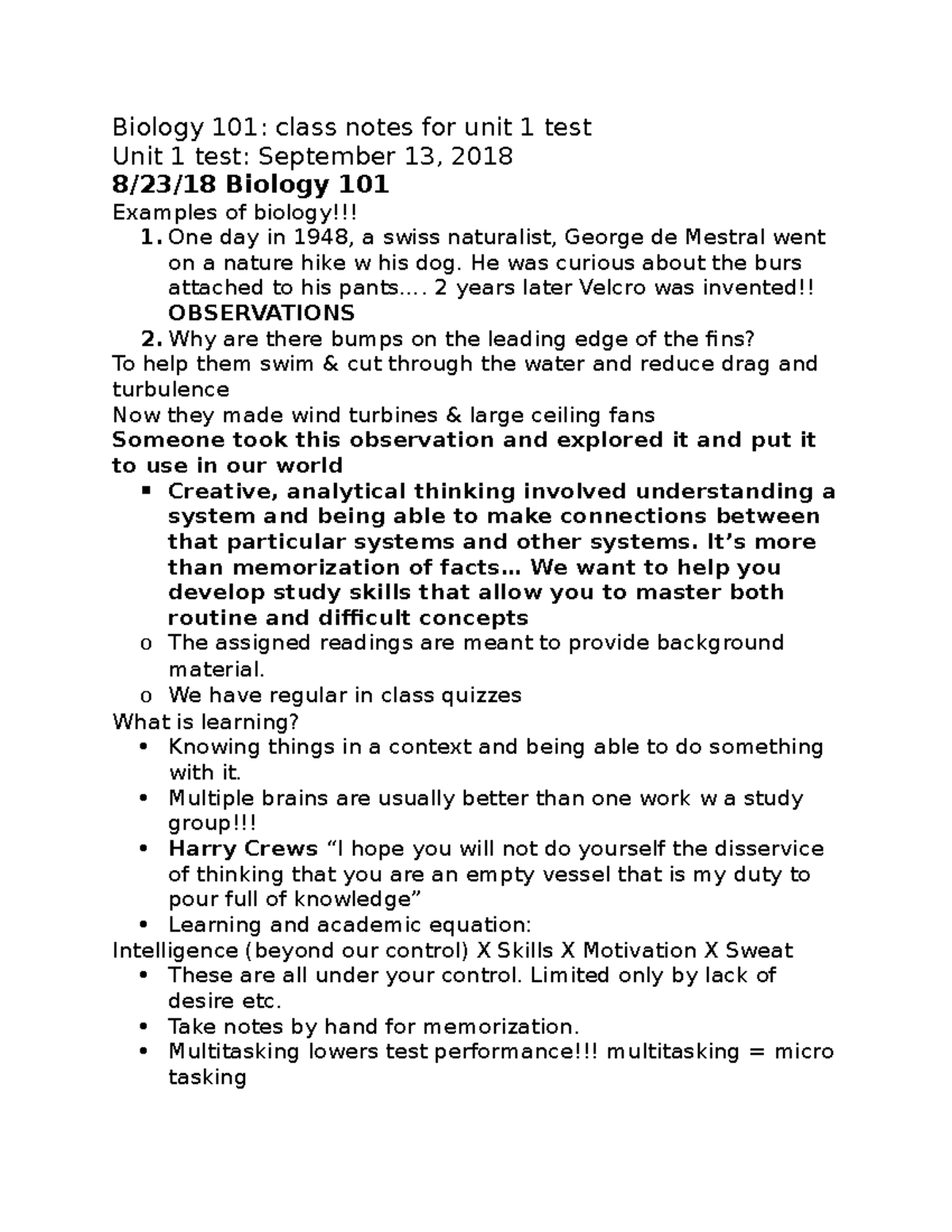 Biology 101 class notes for unit 1 - Biology 101: class notes for unit ...