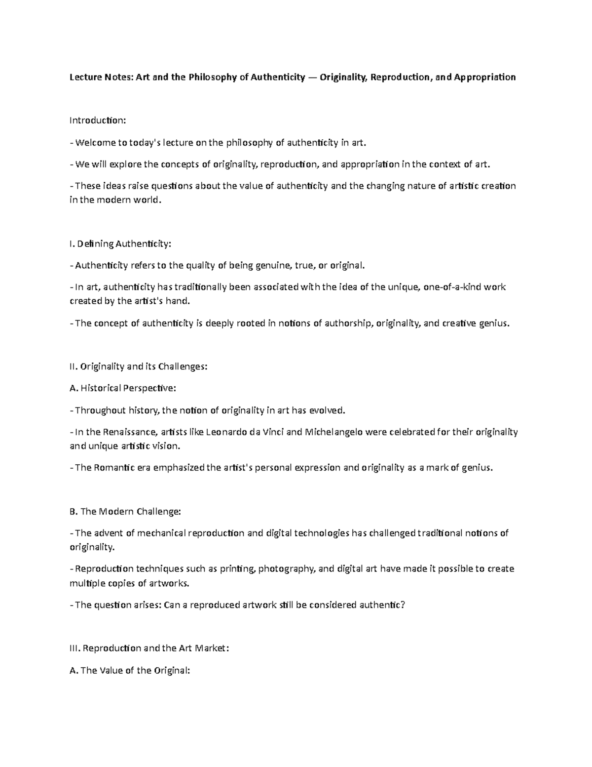 Lecture Notes: Art and the Philosophy of Authenticity — Originality ...