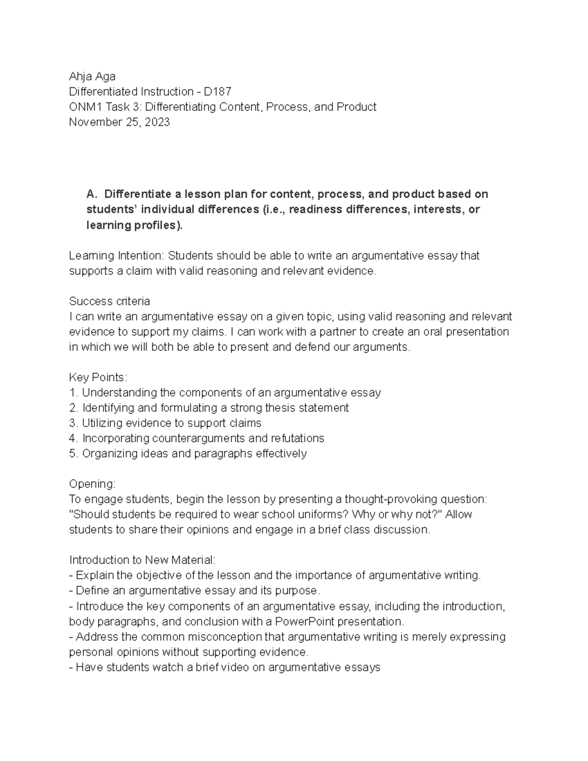 D187 Task 3 - Passed - Ahja Aga Differentiated Instruction - D ONM1 Task 3: Differentiating ...