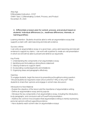 D186 Task 1 - Passed - Ahja Aga Learning as a Science - D Task 1: Creating A Supportive Learning ...