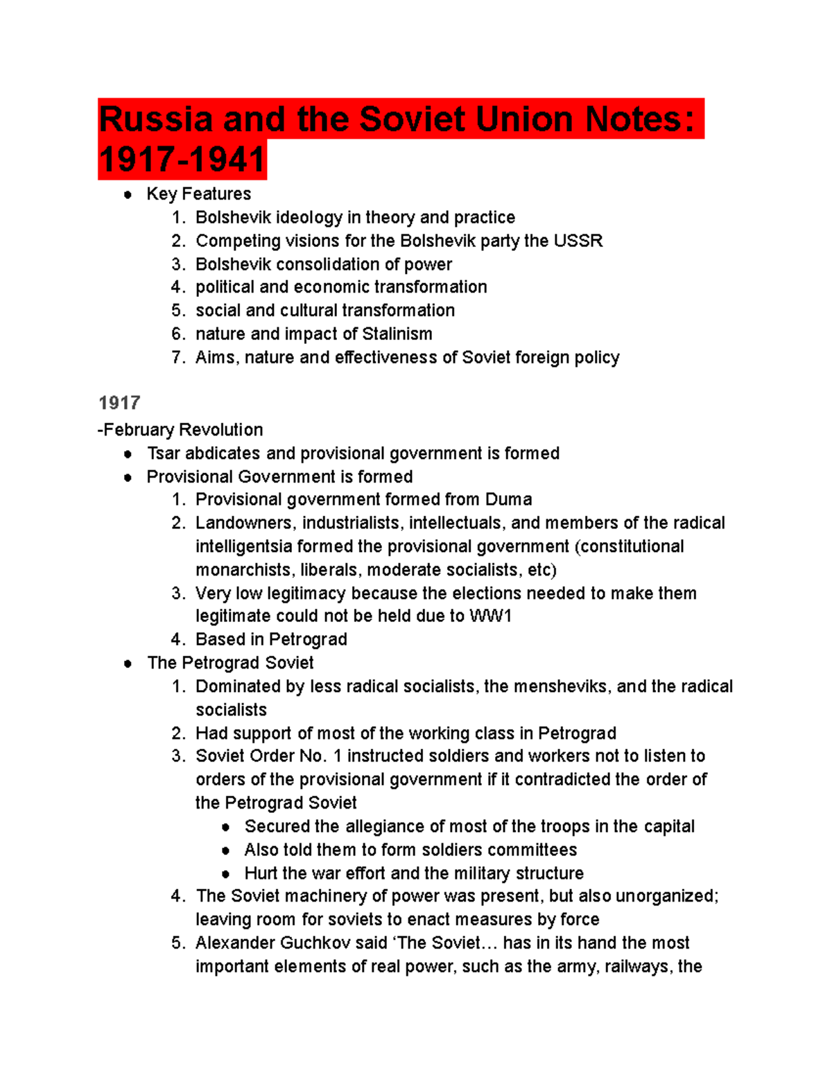 Russia and the Soviet Union Notes 1917-1941 - Russia and the Soviet ...