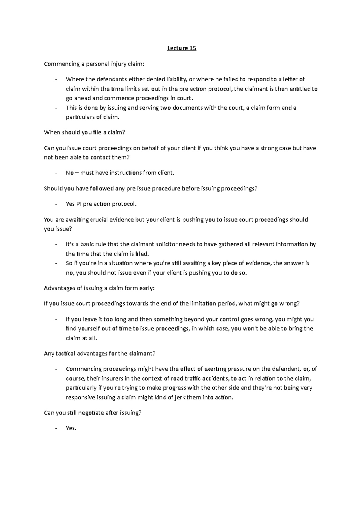 Lecture 15 - Mark Ryan - Lecture 15 Commencing a personal injury claim ...