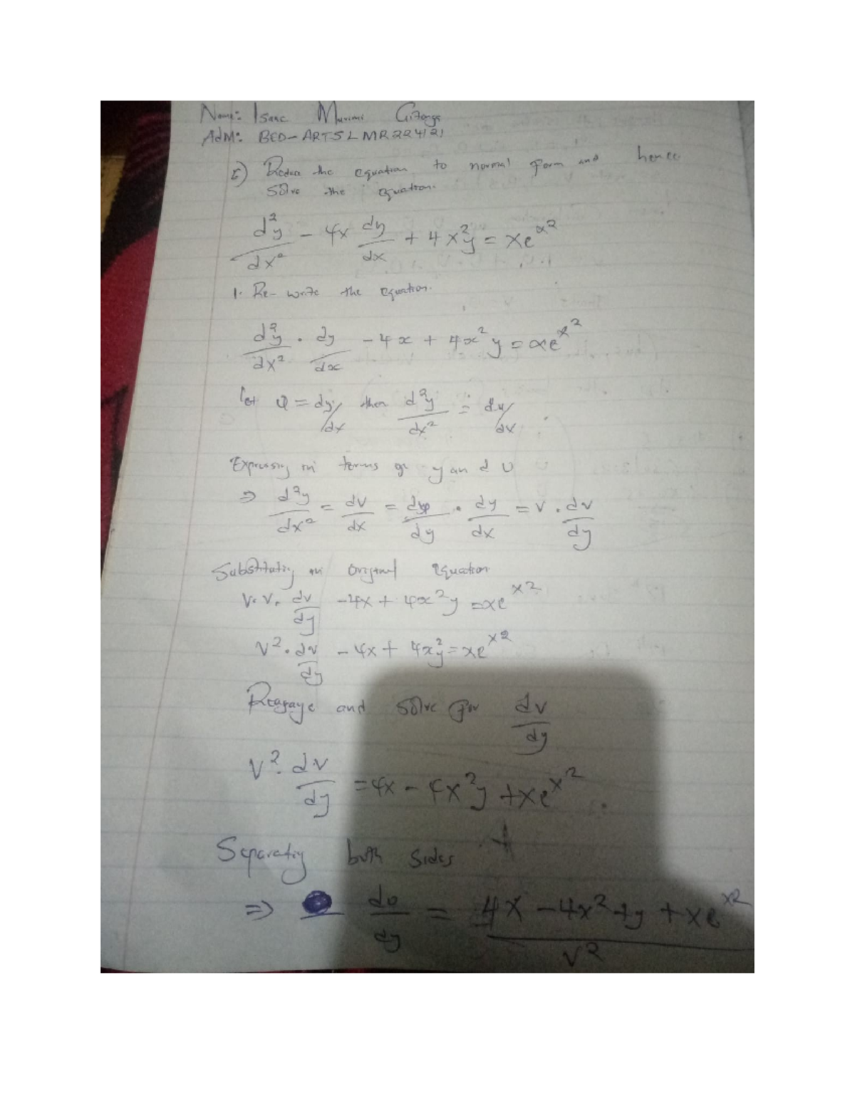 Solved - algebra - Name: Isanc Marime Giftanga AdM: c) Reduce the equation to normal Form and ...