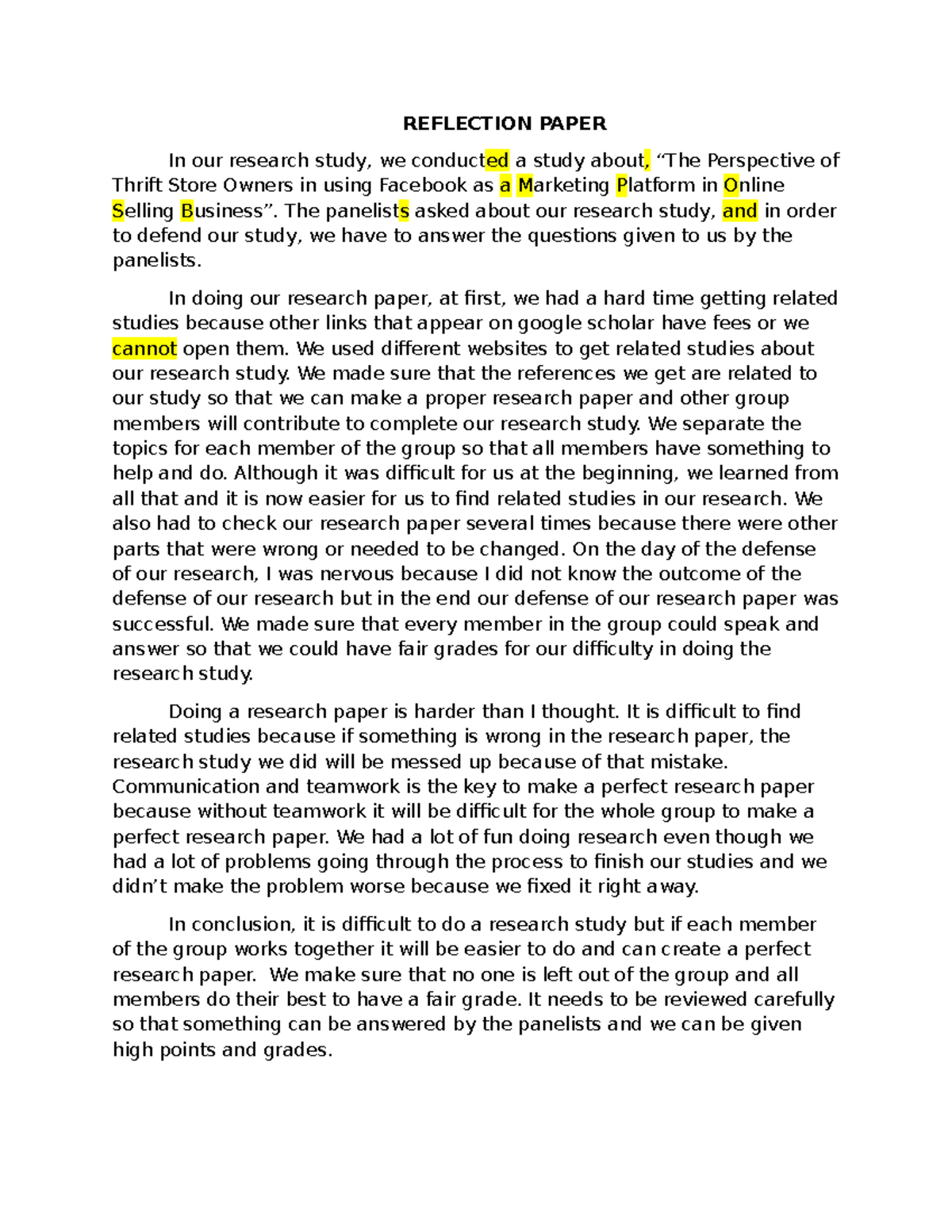 Reflection Paper - REFLECTION PAPER In our research study, we conducted ...