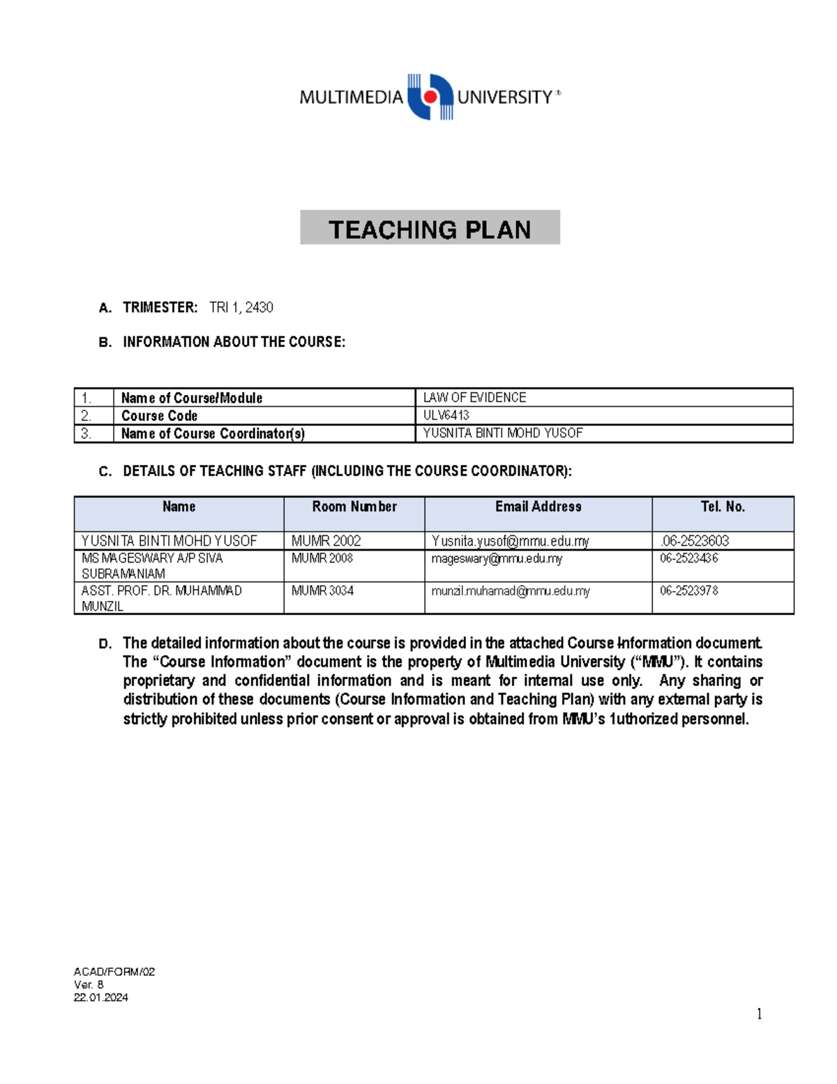 Teaching PLAN AND Course Information - ACAD/FORM/ Ver. 8 22. 1 A ...