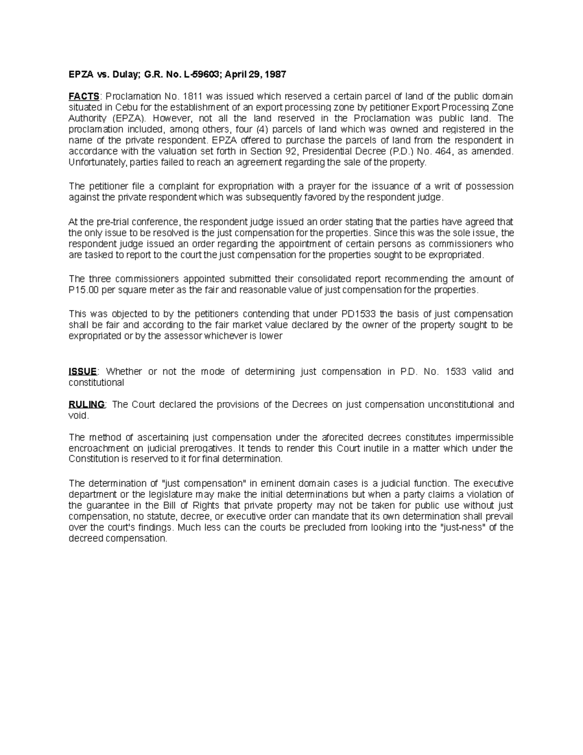 EPZA vs. Dulay - EPZA vs. Dulay; G. No. L-59603; April 29, 1987 FACTS ...