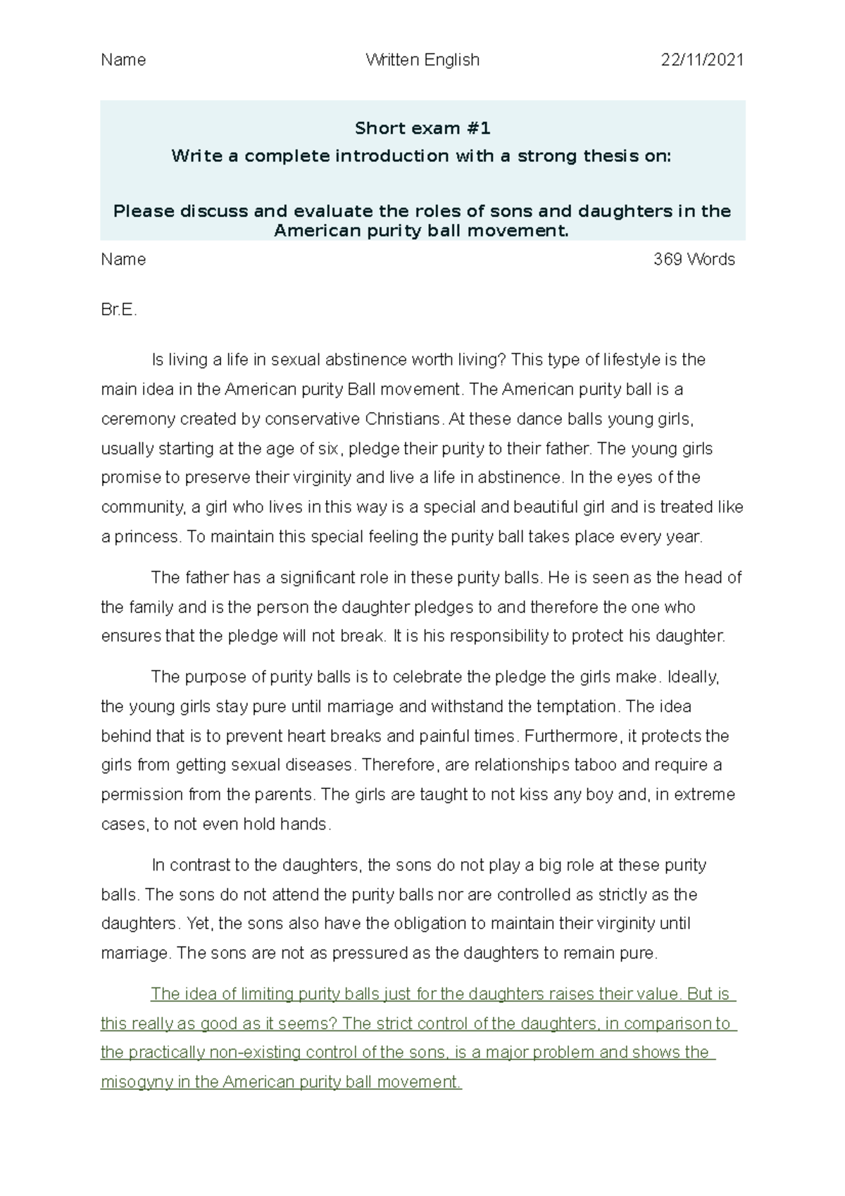 Written English Short Exam 1 - Name Written English 22/11/ Short exam ...