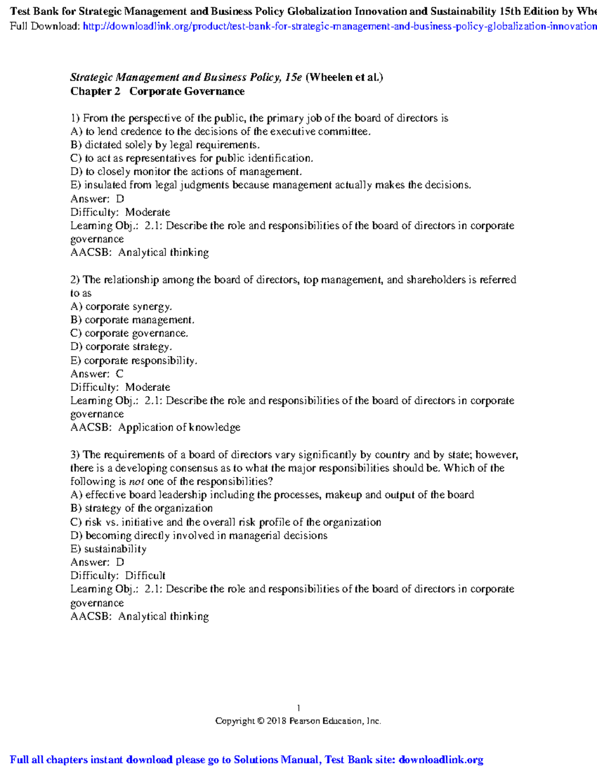 Test bank for strategic management and business policy globalization ...