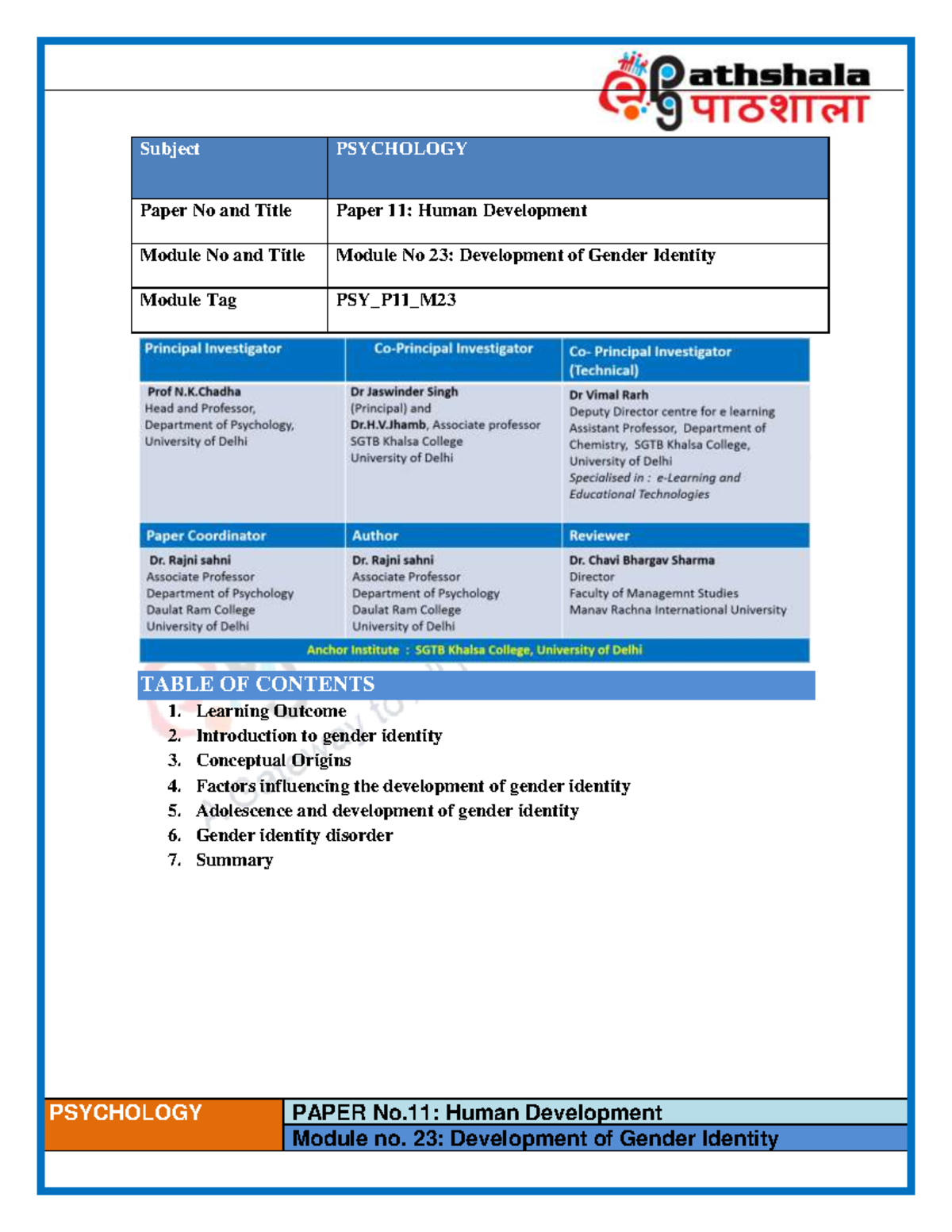 Development of Gender Identity - PSYCHOLOGY PAPER No: Human Development ...