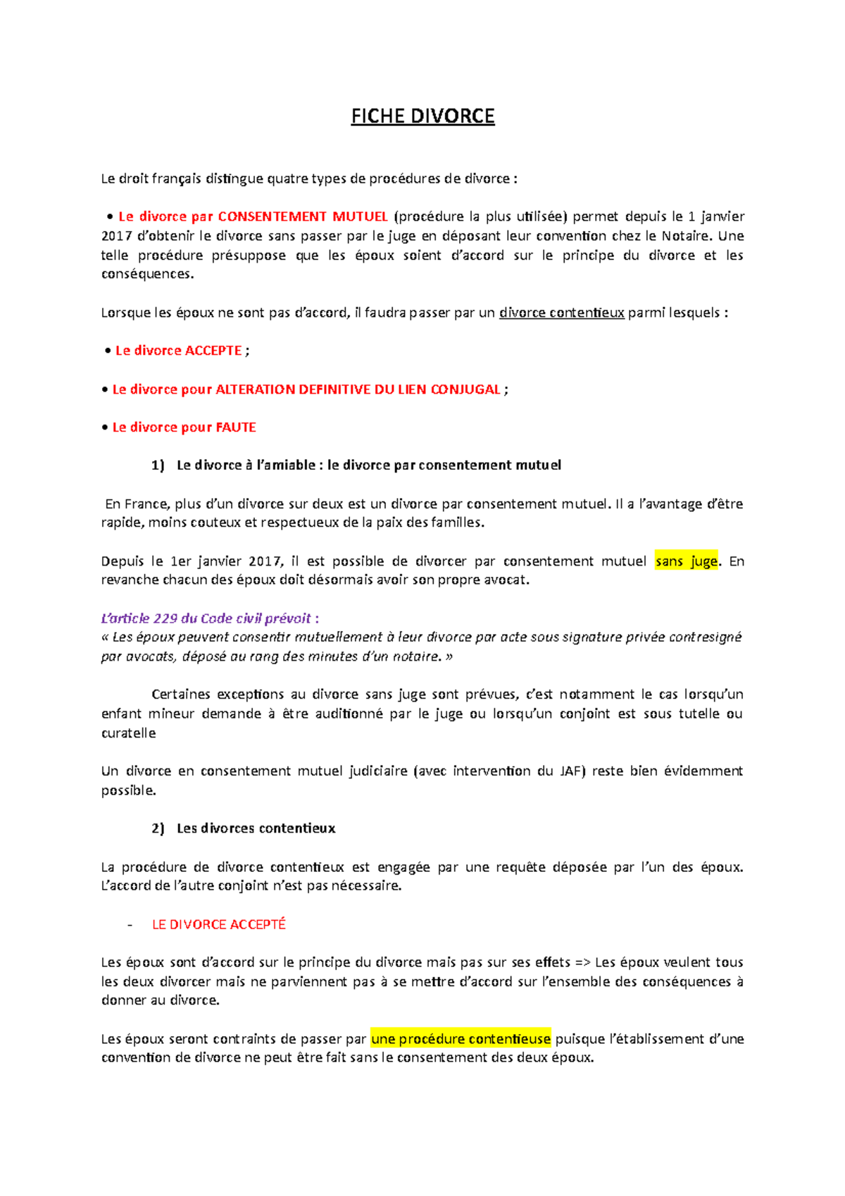 Fiche Divorce - FICHE DIVORCE Le droit français distingue quatre types ...