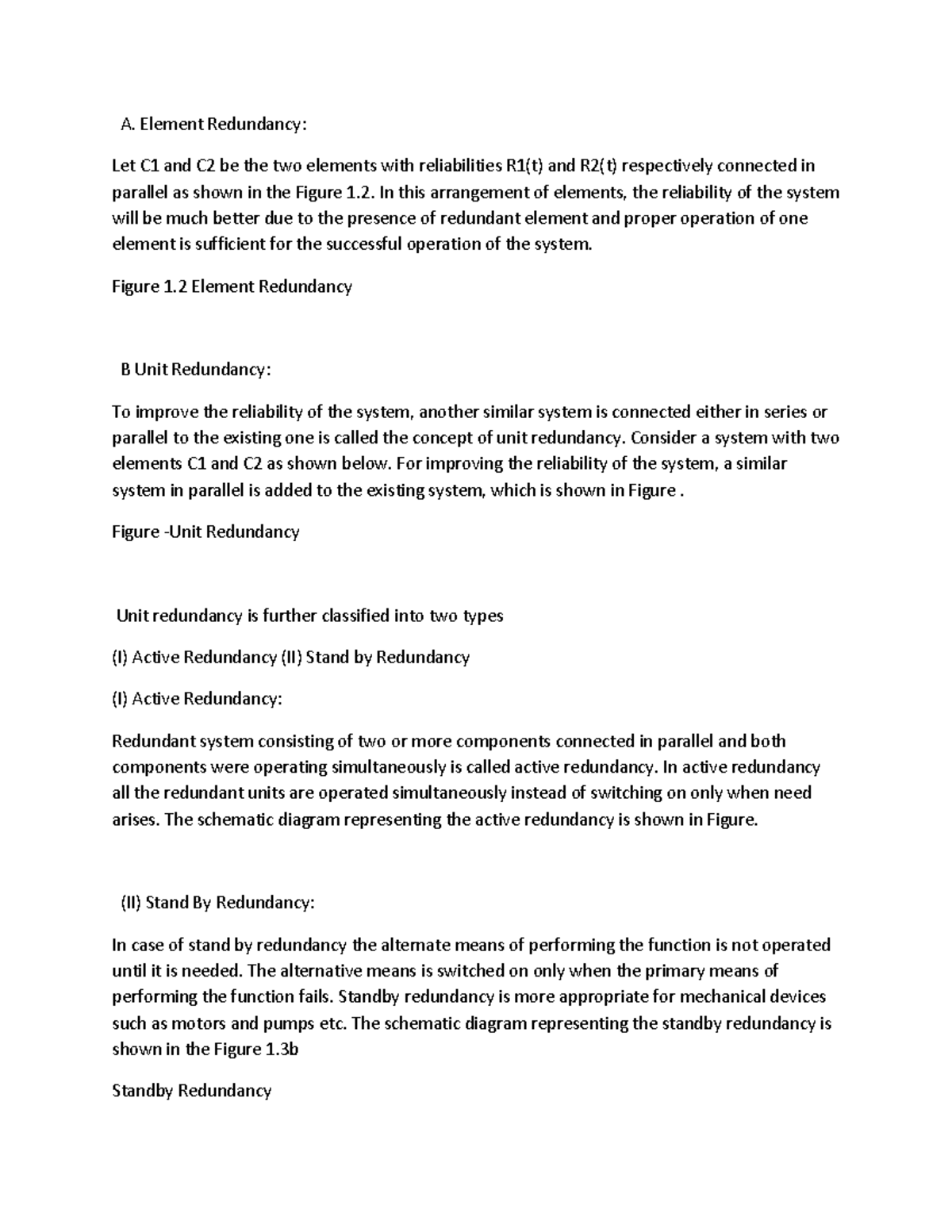 Reliability UNIT 5 Part-3 - A. Element Redundancy: Let C1 and C2 be the ...