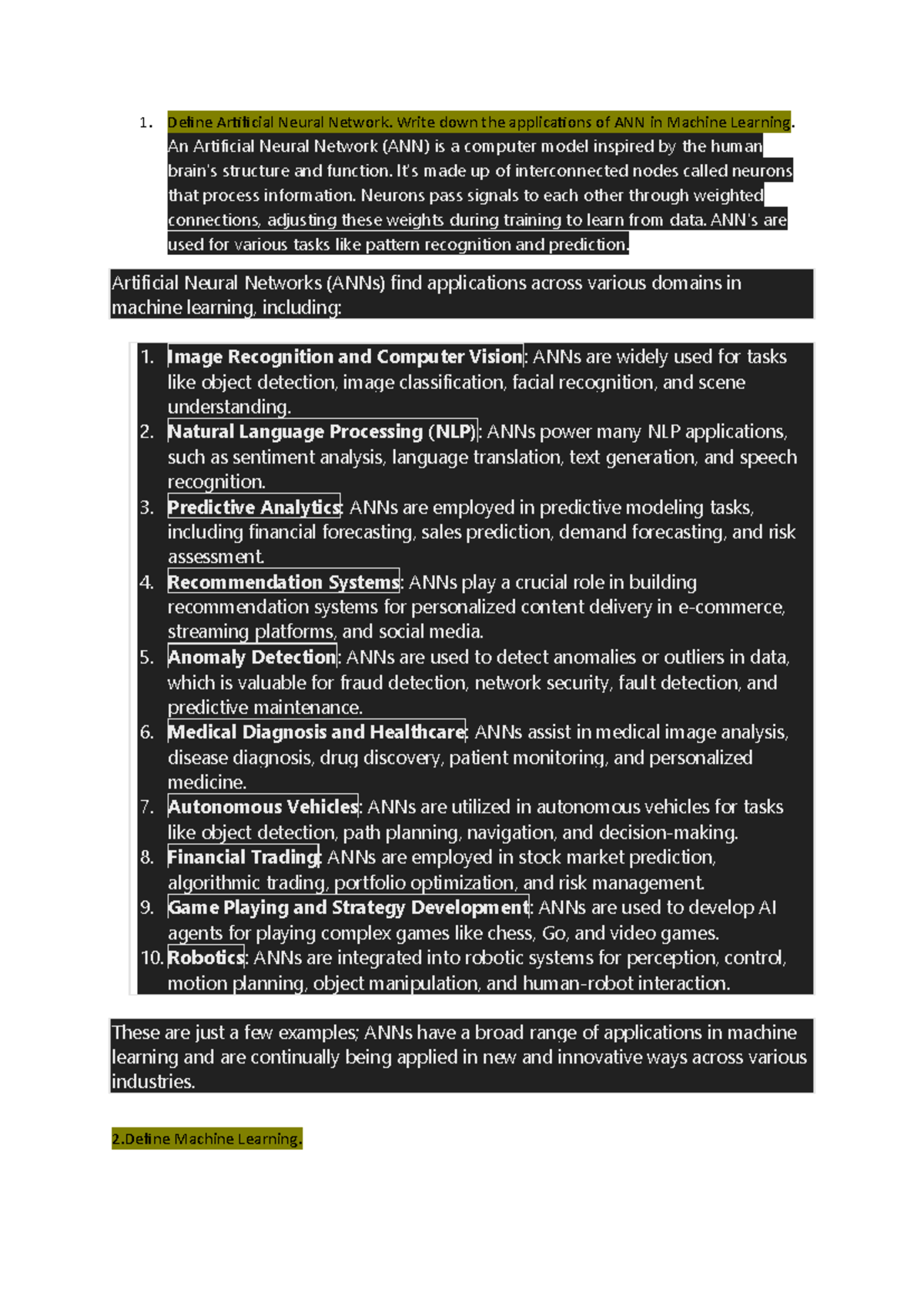 Machine learning - Define Artificial Neural Network. Write down the ...