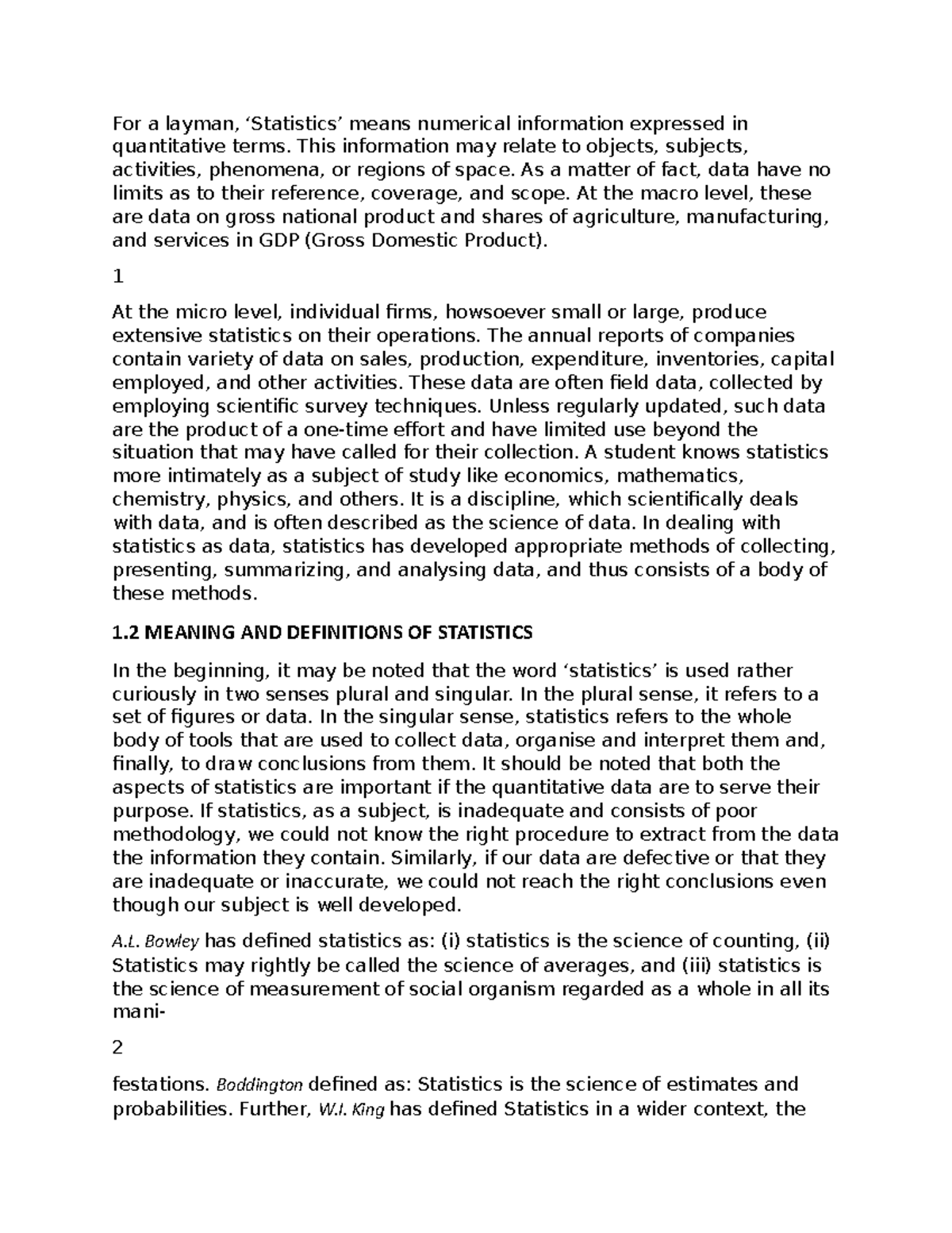 Business Statistics notes 1 - For a layman, ‘Statistics’ means ...