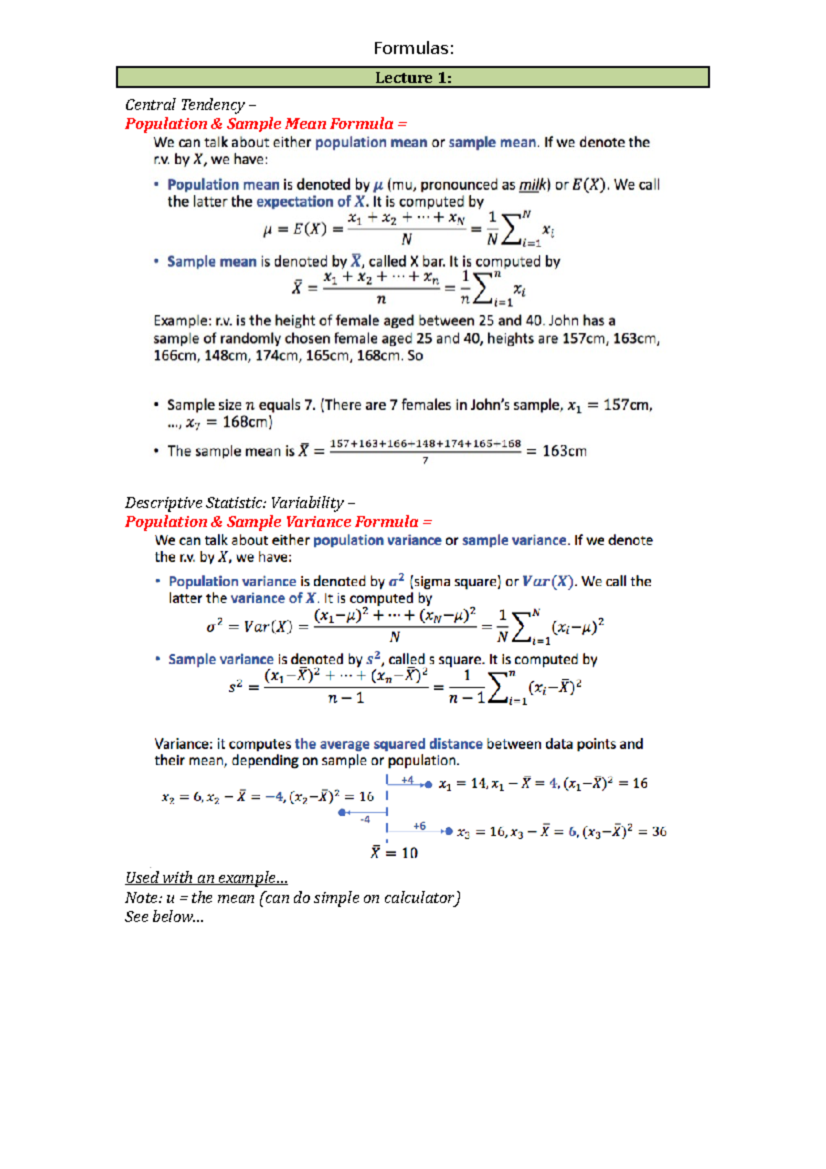 Formulas Business Stats - Formulas: Lecture 1: Central Tendency ...