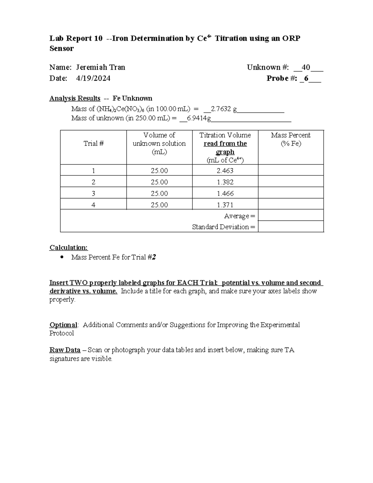 10 Fe ORPReport - Lab Report 10 -Iron Determination by Ce4+ Titration ...