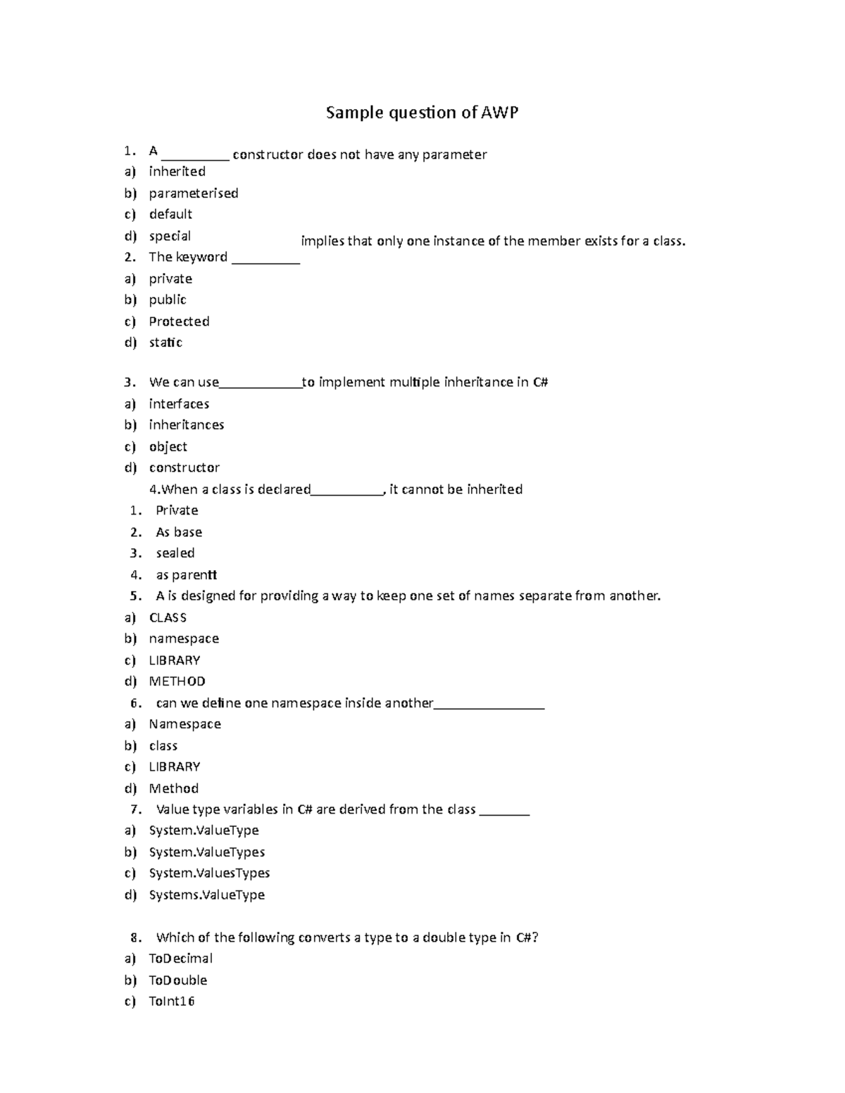 AWP MCQ SET 1 - Sample question of AWP 1. A a) inherited constructor ...