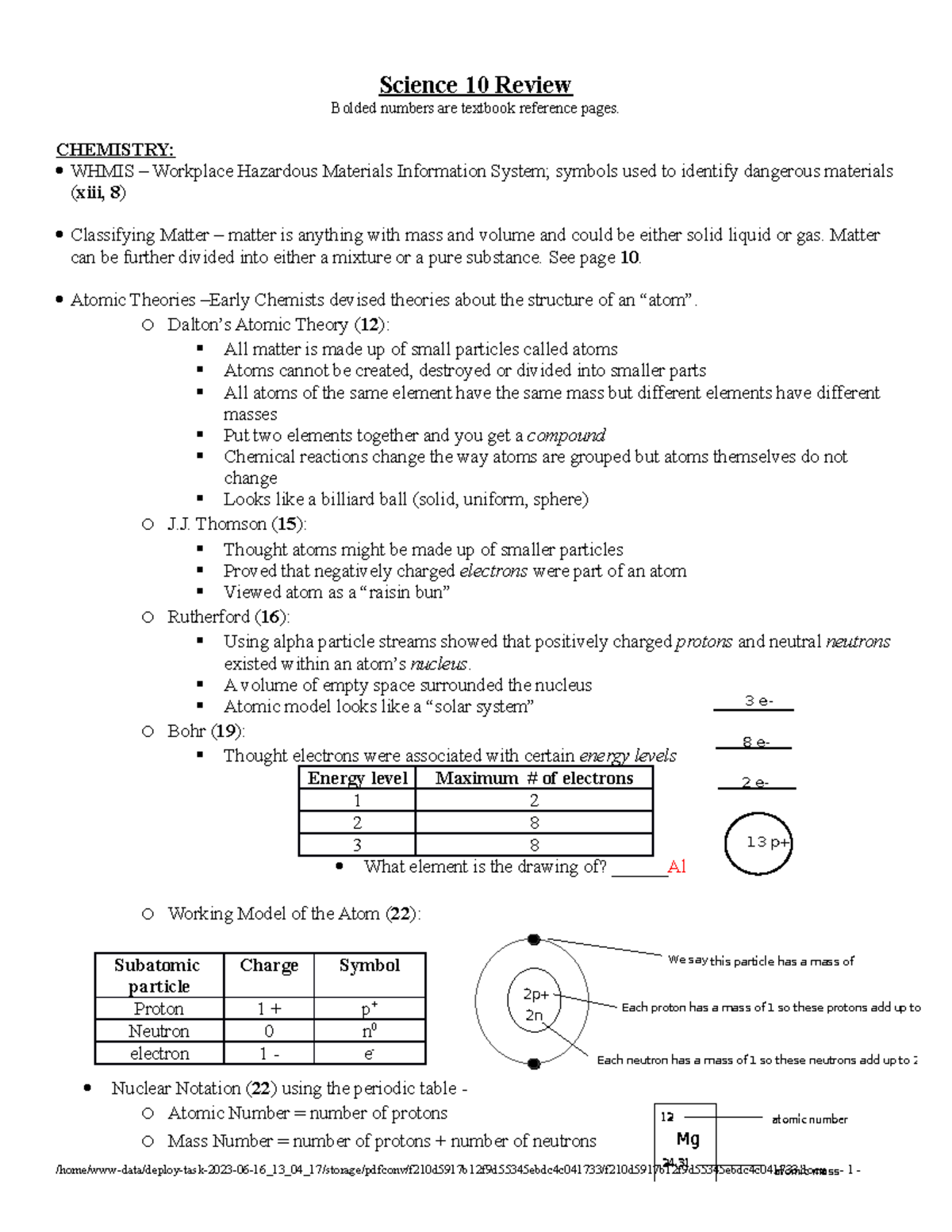 Science 10 Final Review KEY - Science 10 Review Bolded numbers are ...