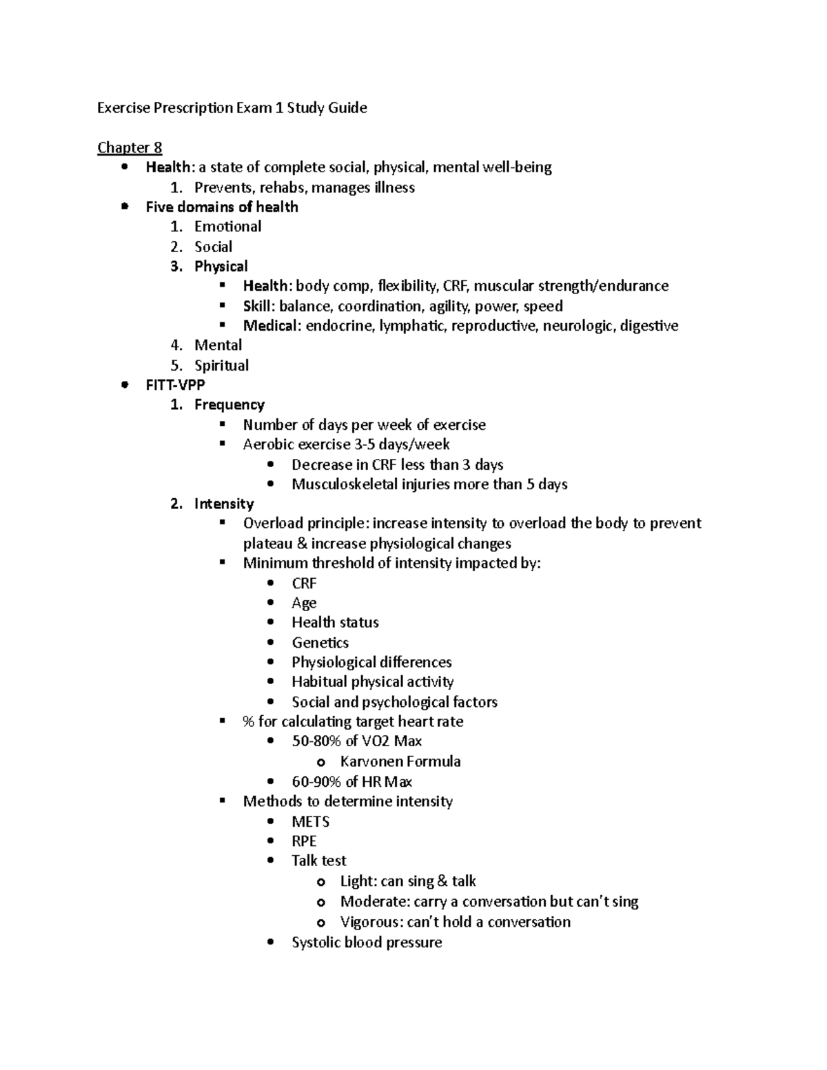 Exercise Prescription Exam 1 Study Guide - Prevents, rehabs, manages ...