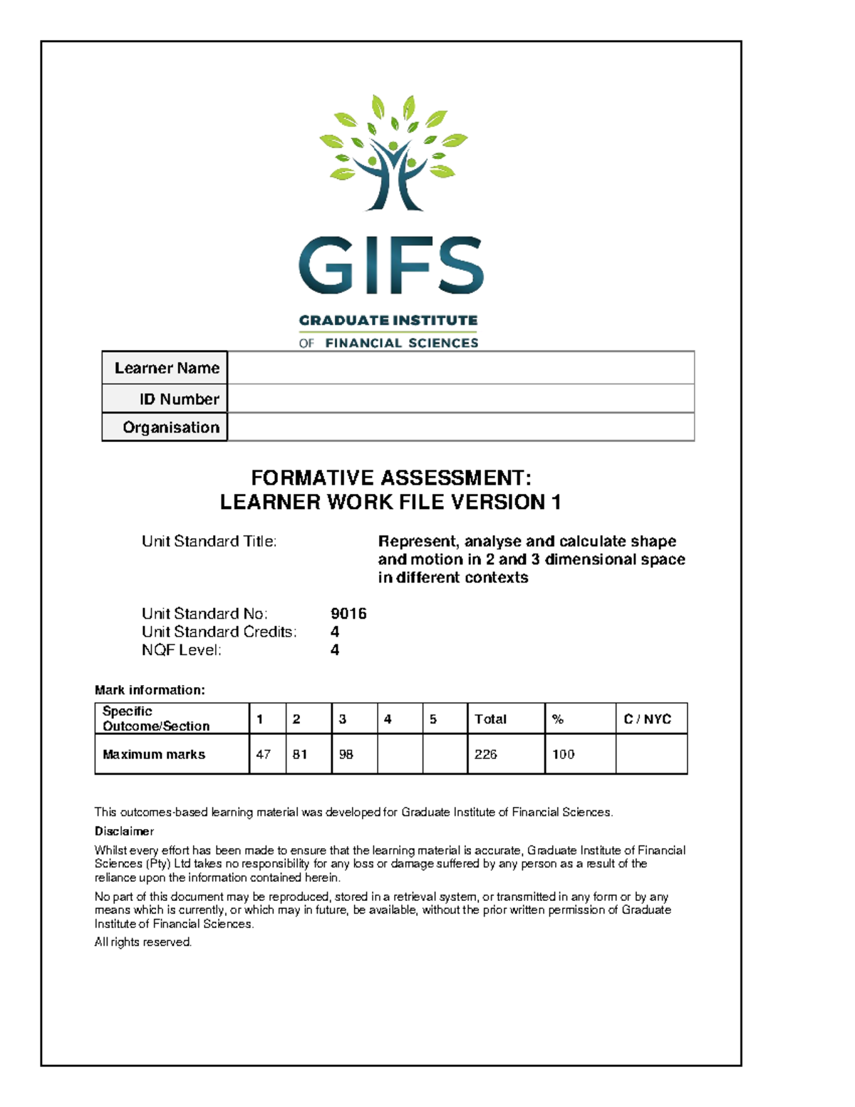 Learner Work File 9016 V1 - Learner Name ID Number Organisation ...