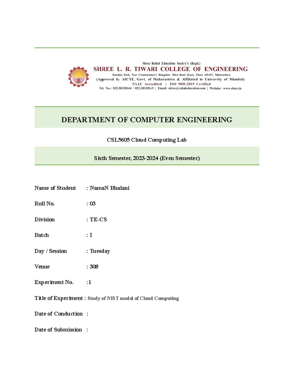 CCL exp1 - qsq - DEPARTMENT OF COMPUTER ENGINEERING CSL5605 Cloud Computing Lab Sixth Semester ...