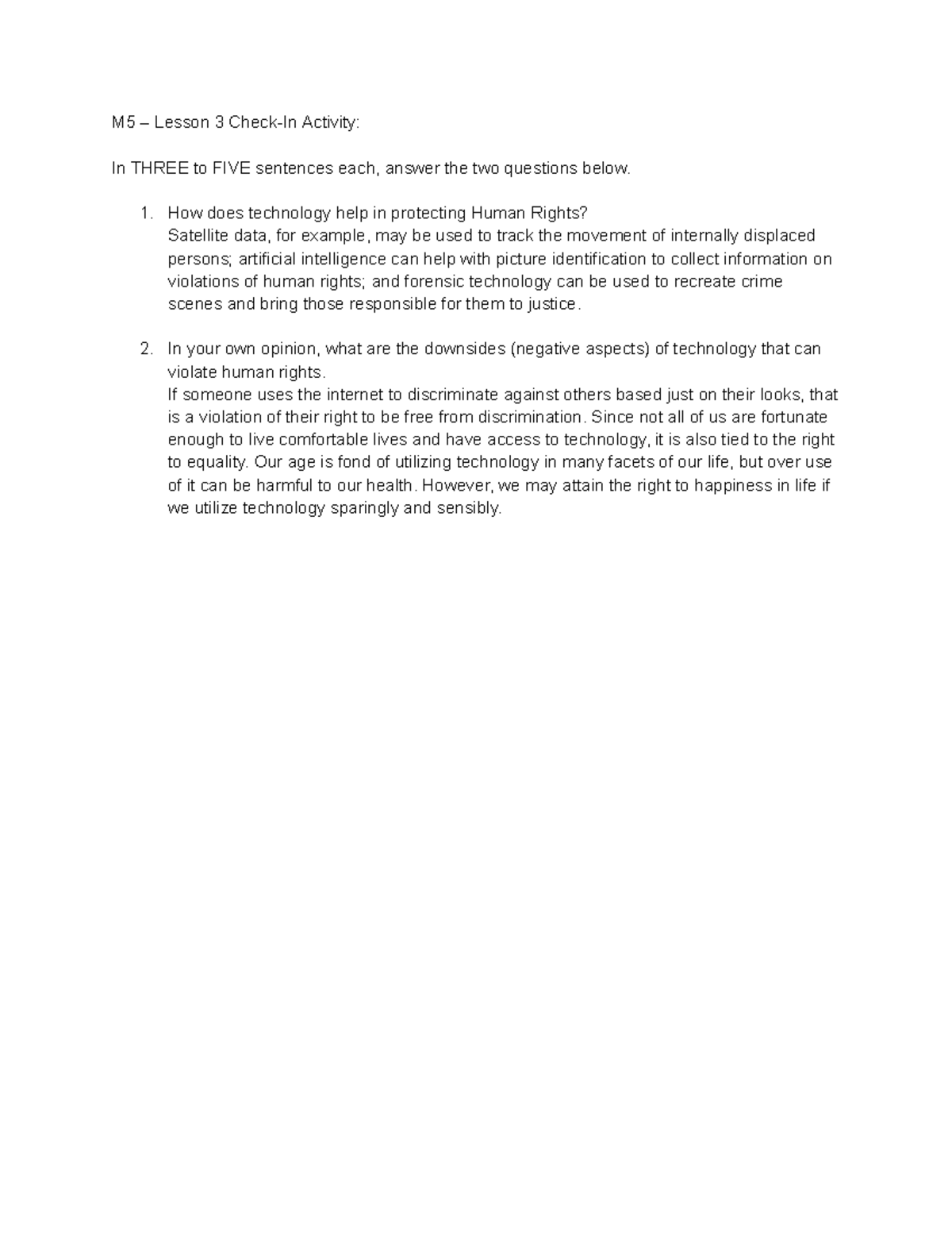 M5 – Lesson 3 Check-In Activity - M5 – Lesson 3 Check-In Activity: In THREE to FIVE sentences ...