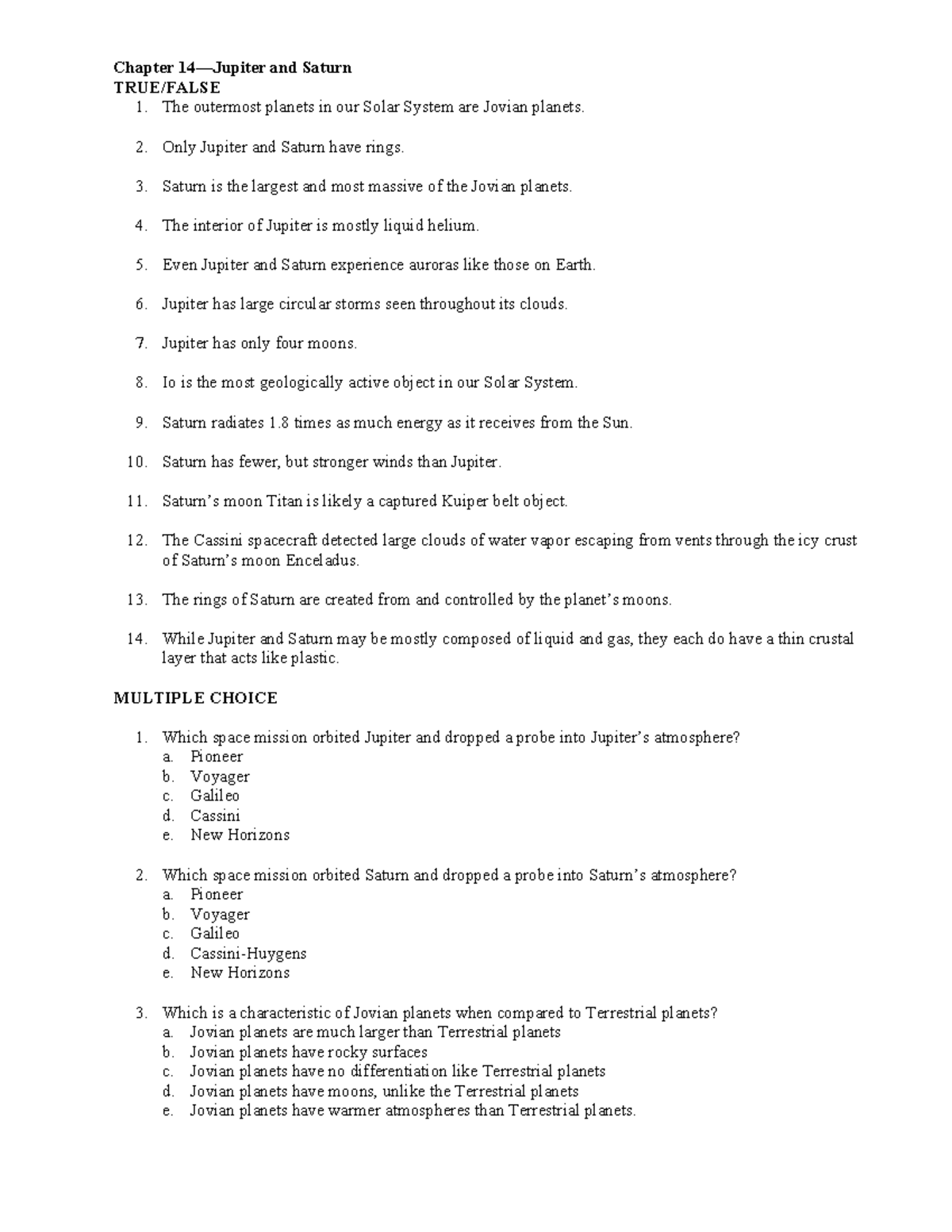 Chapter 14 - Jupiter and Saturn - Sample Test Questions - Chapter 14 ...