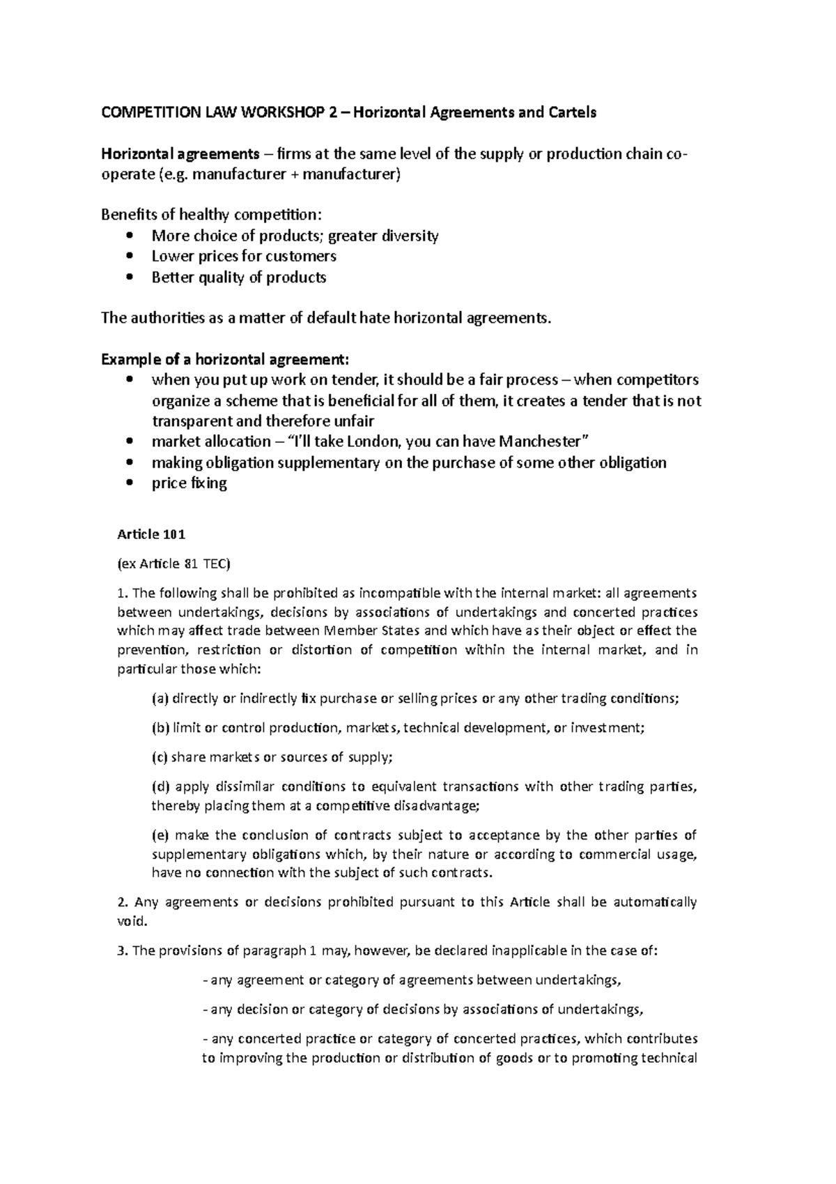 Competition LAW WS 2 notes - COMPETITION LAW WORKSHOP 2 – Horizontal ...