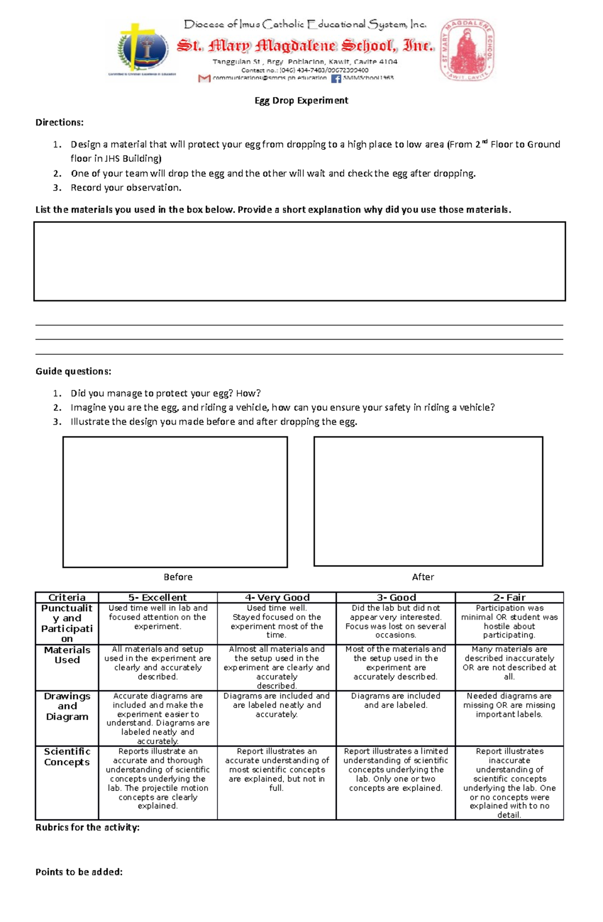 Egg Drop Experiment - ,;kl - Egg Drop Experiment Directions: 1. Design ...