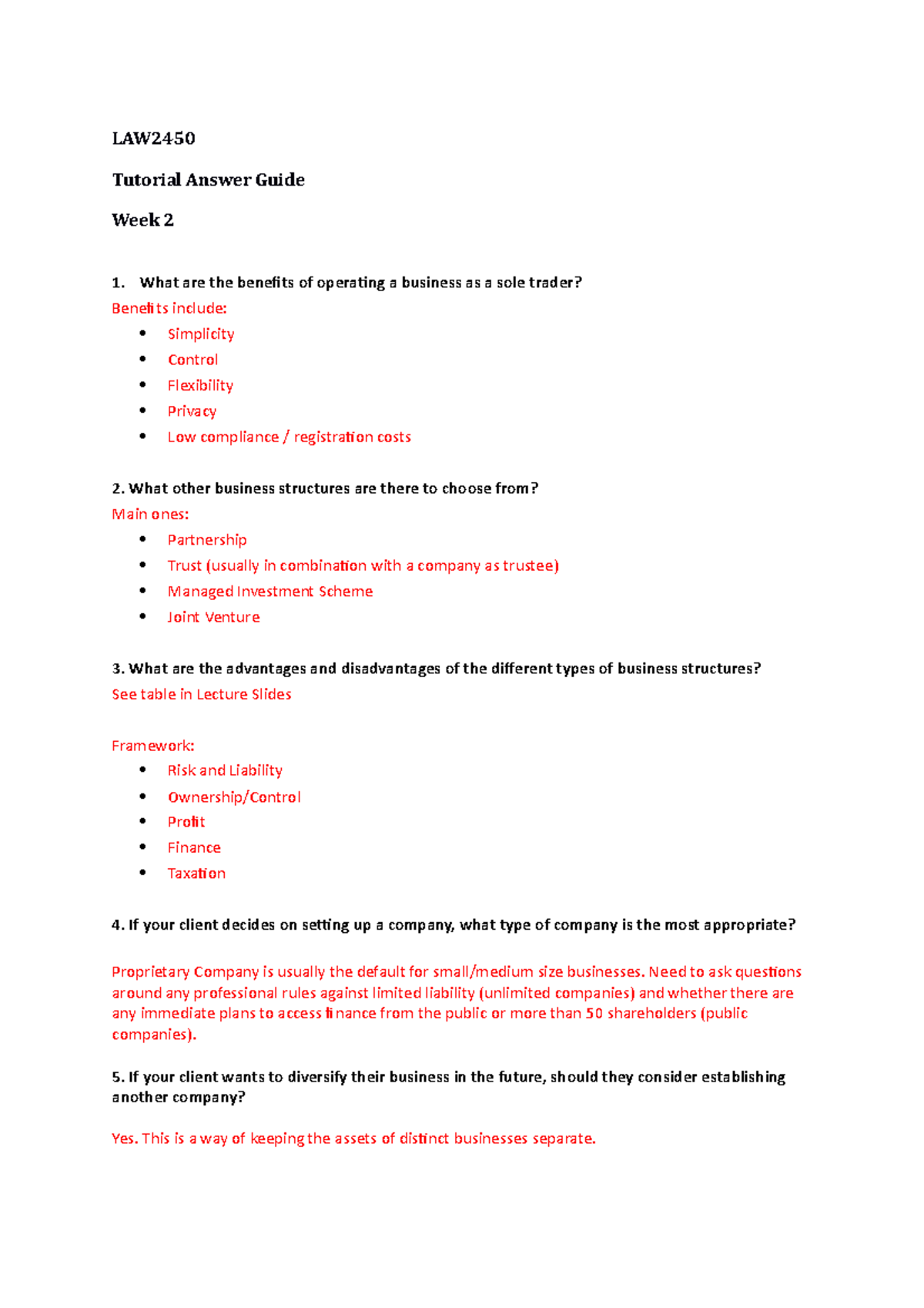 Week 2 - Company Law - Tutorial Answer Guide-2 - LAW Tutorial Answer ...