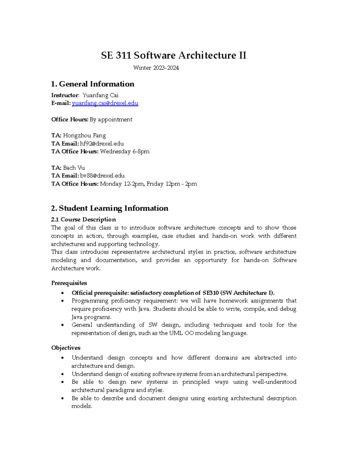 Syllabus SE311-2024 - SE 311 Software Architecture II Winter 2023- 1. General Information - Studocu