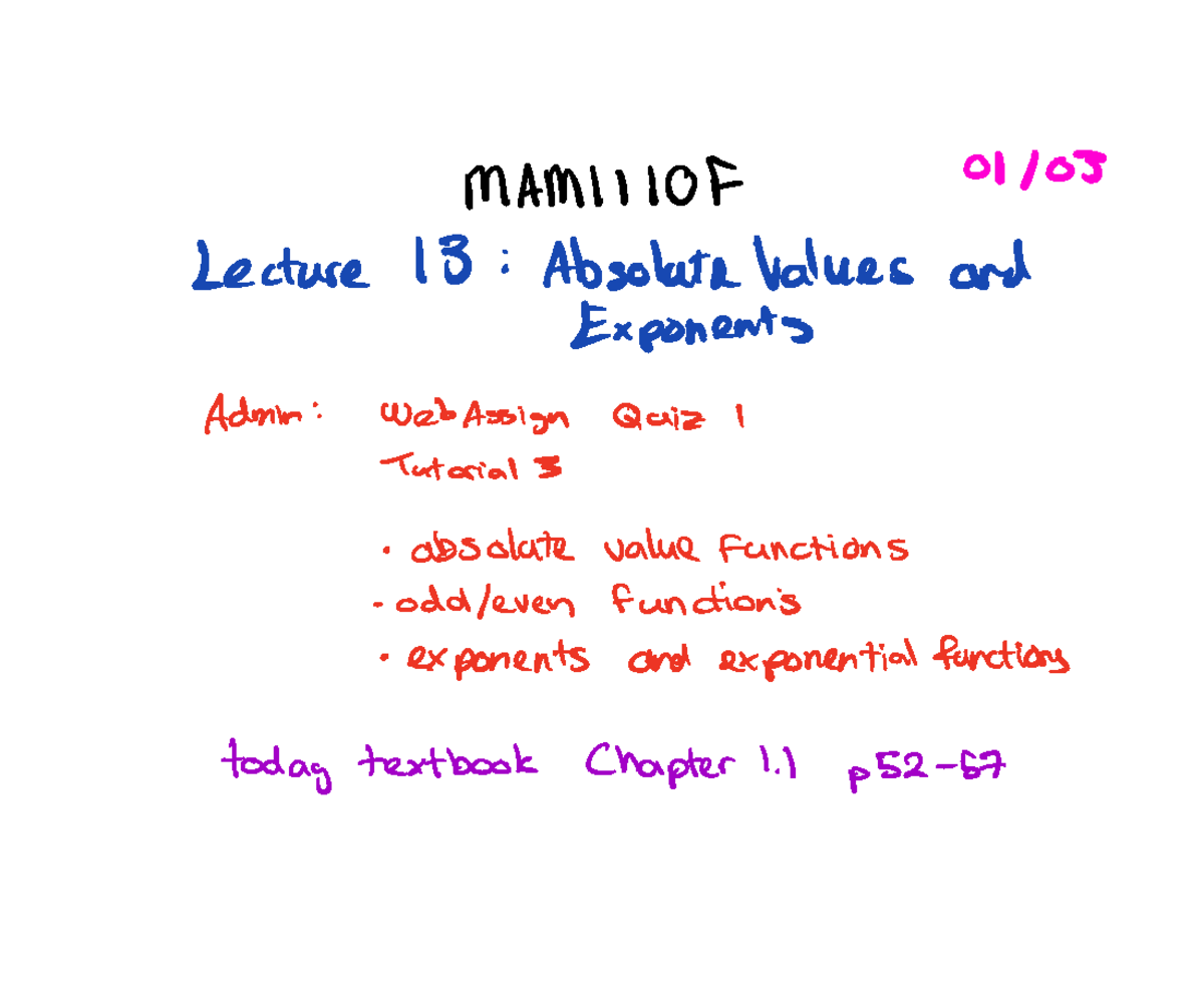 Lecture 13 Piecewise Functions And Absolute Value Functions Mami I Of 01103 Lecture