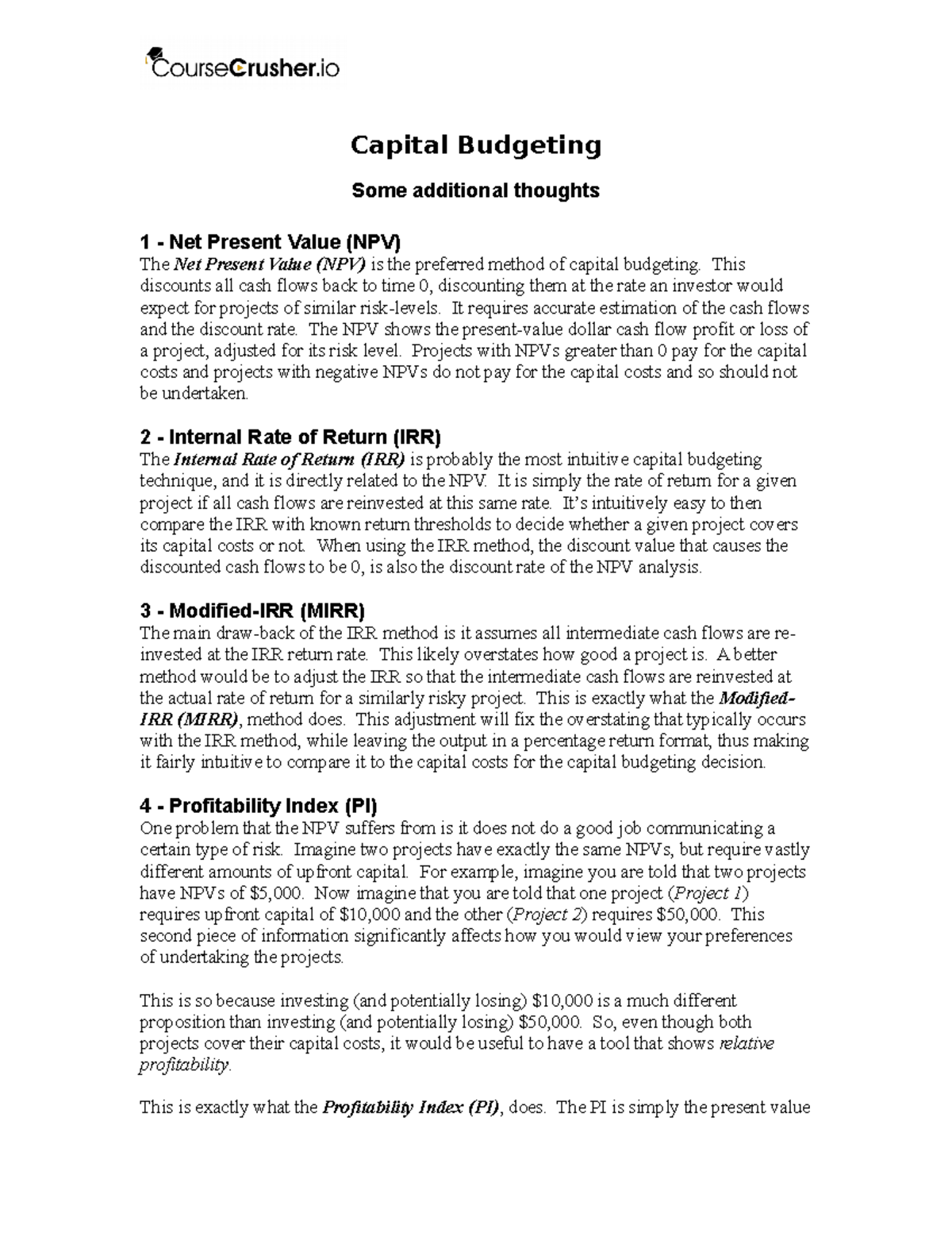 Topic 05 - Some Additional Thoughts - Capital Budgeting Some additional ...