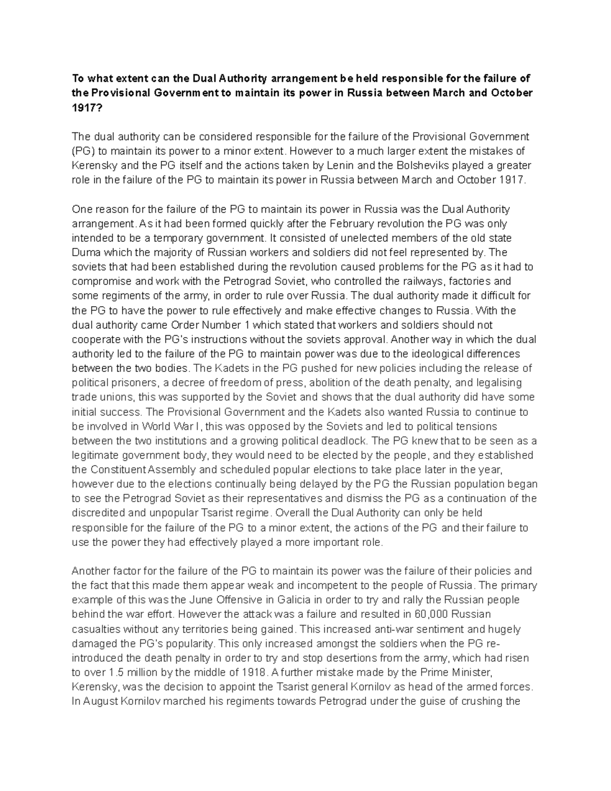 02. Provisional Govt. Example Answer - To what extent can the Dual ...