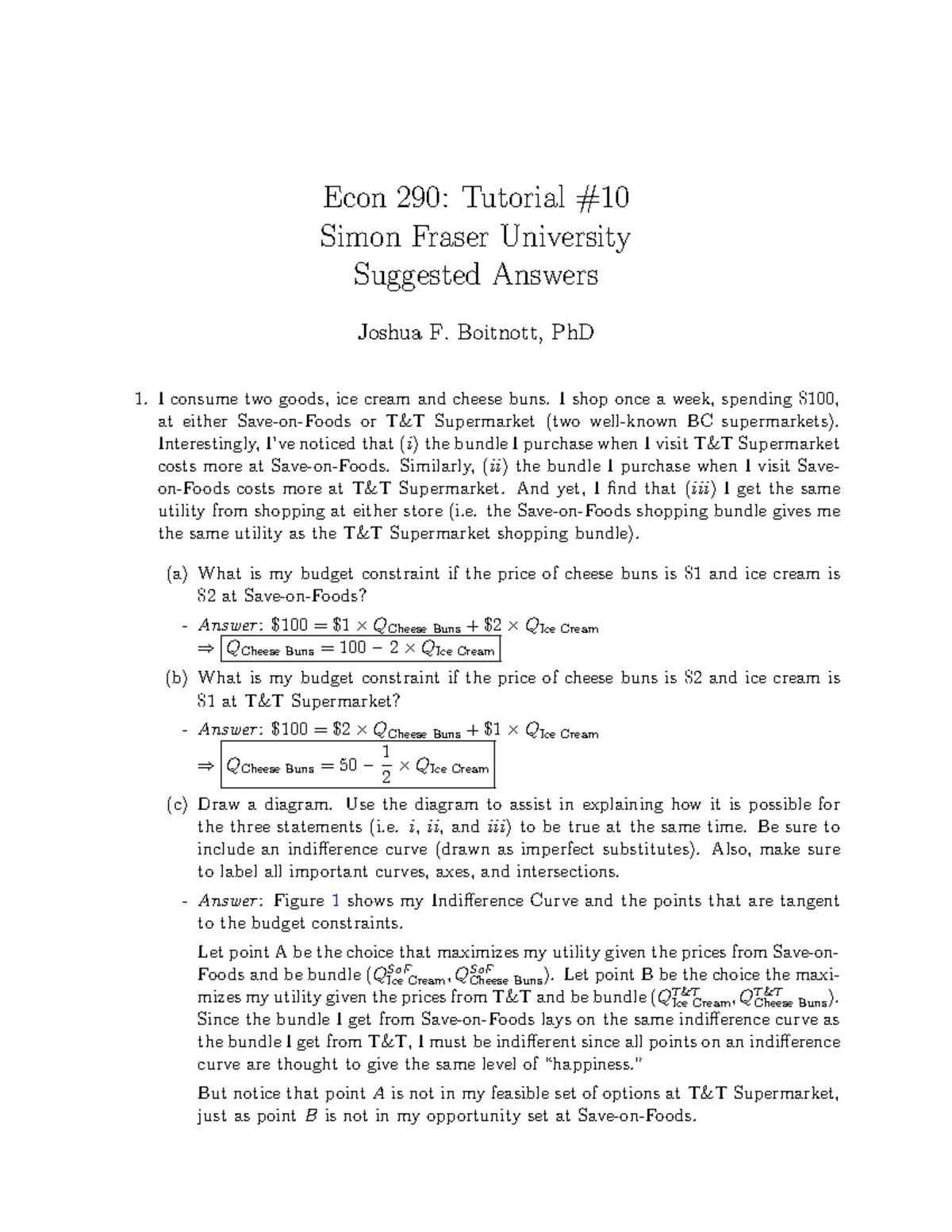 Econ290 Tut10 AK - tut 10 answer key - Econ 290: Tutorial Simon Fraser University Suggested ...