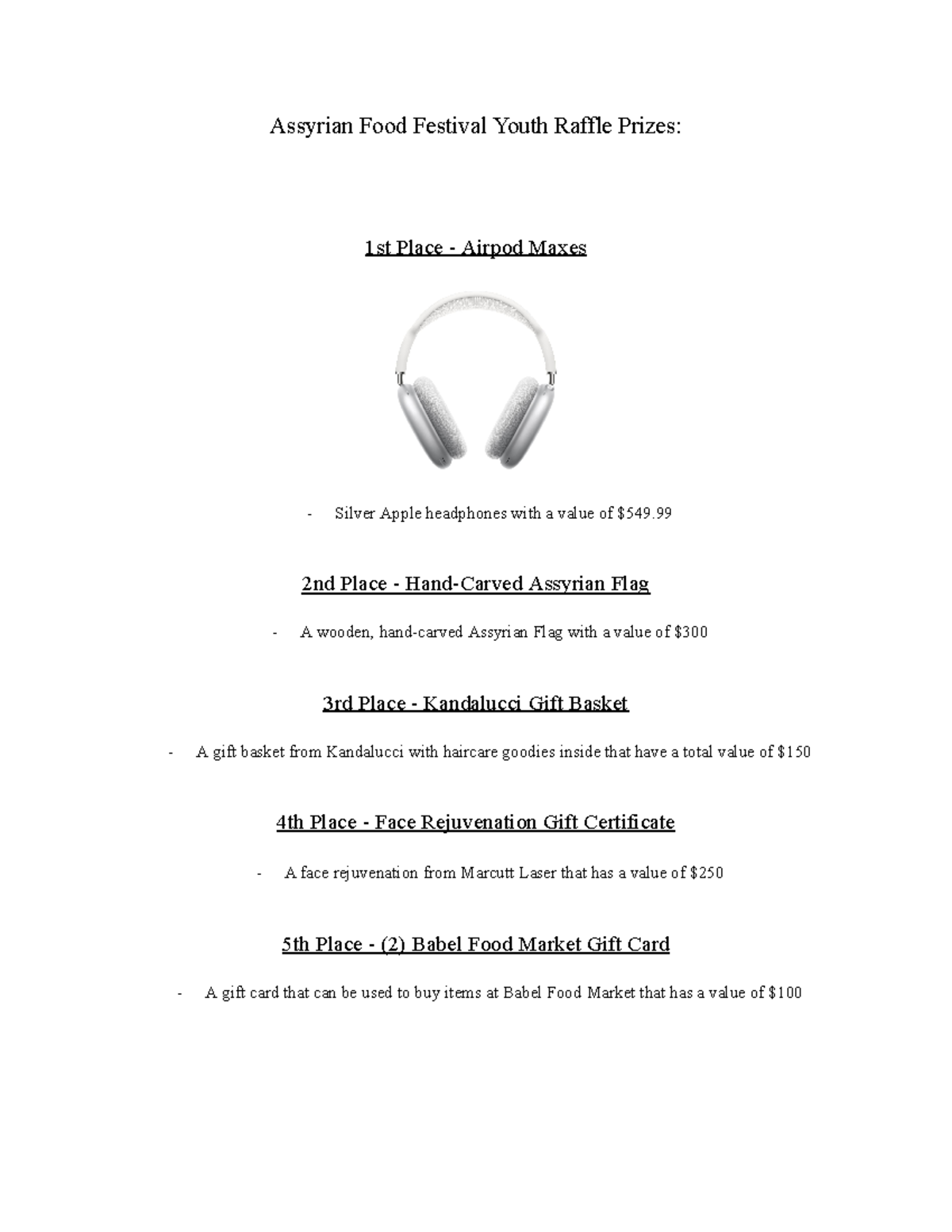 Festival Raffle Prizes - Assyrian Food Festival Youth Raffle Prizes ...