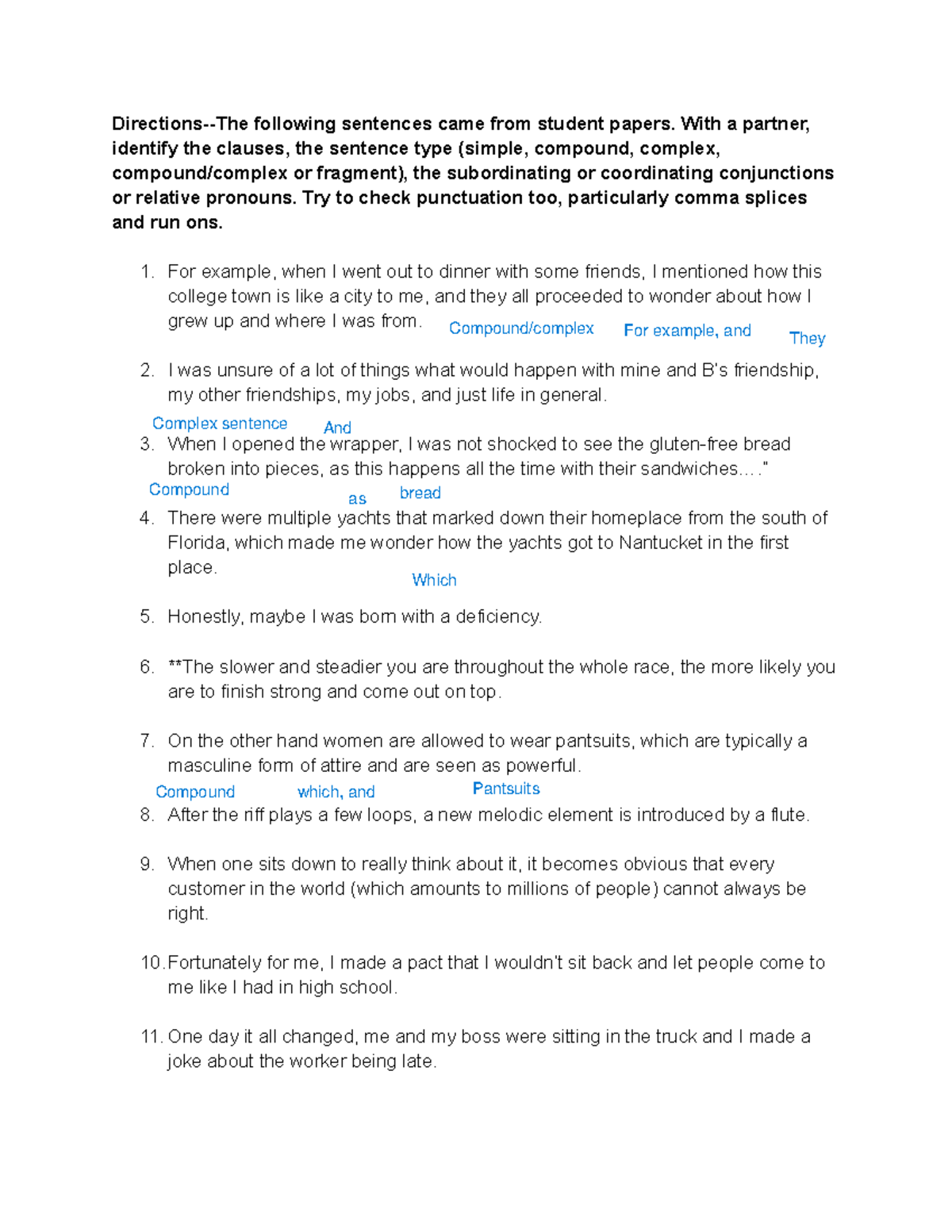 Sample sentences - Directions-The following sentences came from student ...