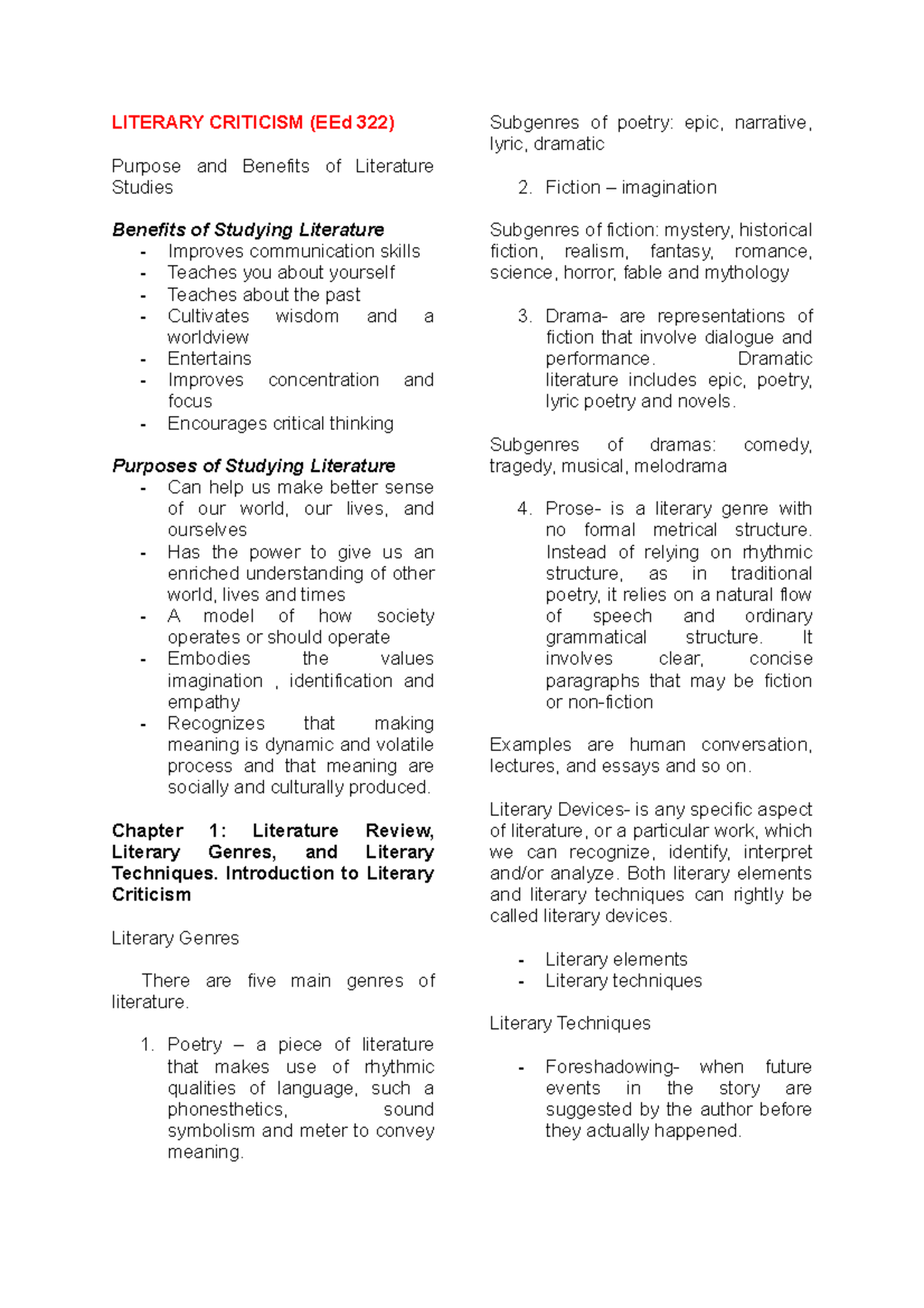 Literary Criticism - LITERARY CRITICISM (EEd 322) Purpose and Benefits ...