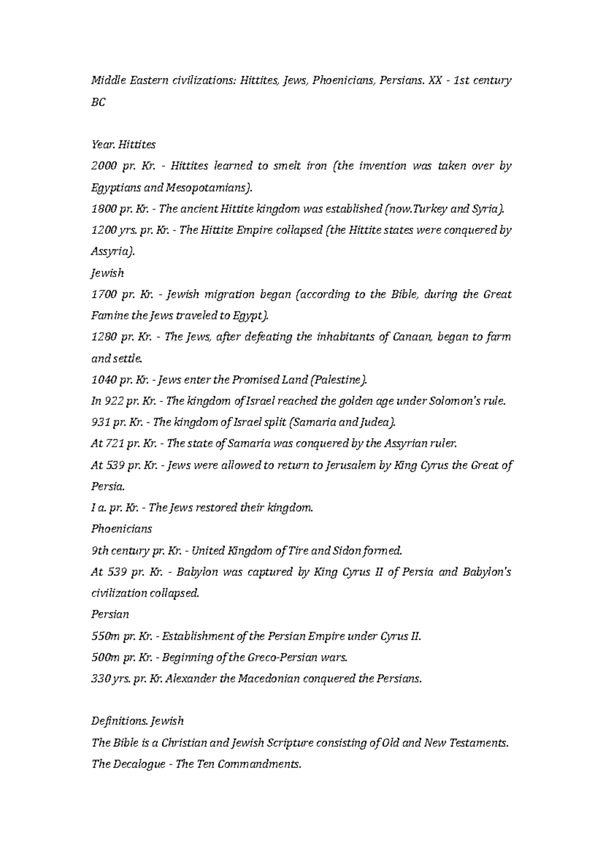 Middle Eastern civilizations- Hittites, Jews, Phoenicians, Persians. XX ...