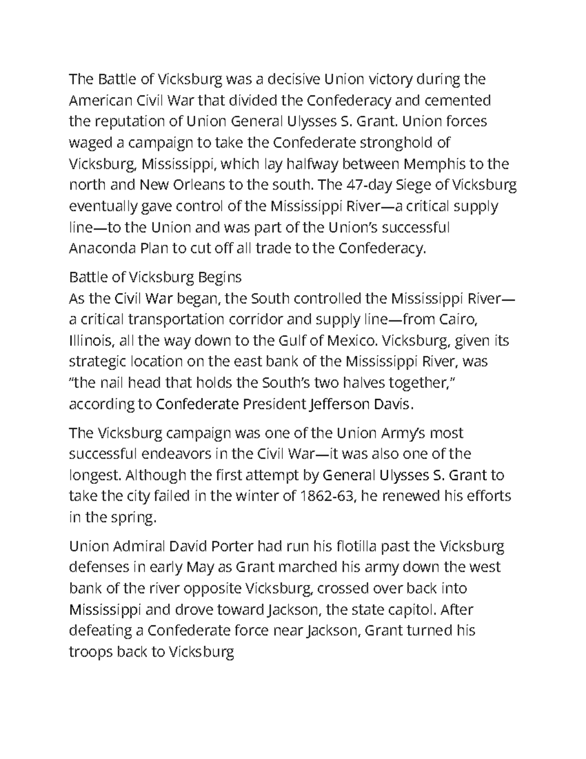 Battle Of Vicksburg - Lecture Notes - The Battle of Vicksburg was a ...