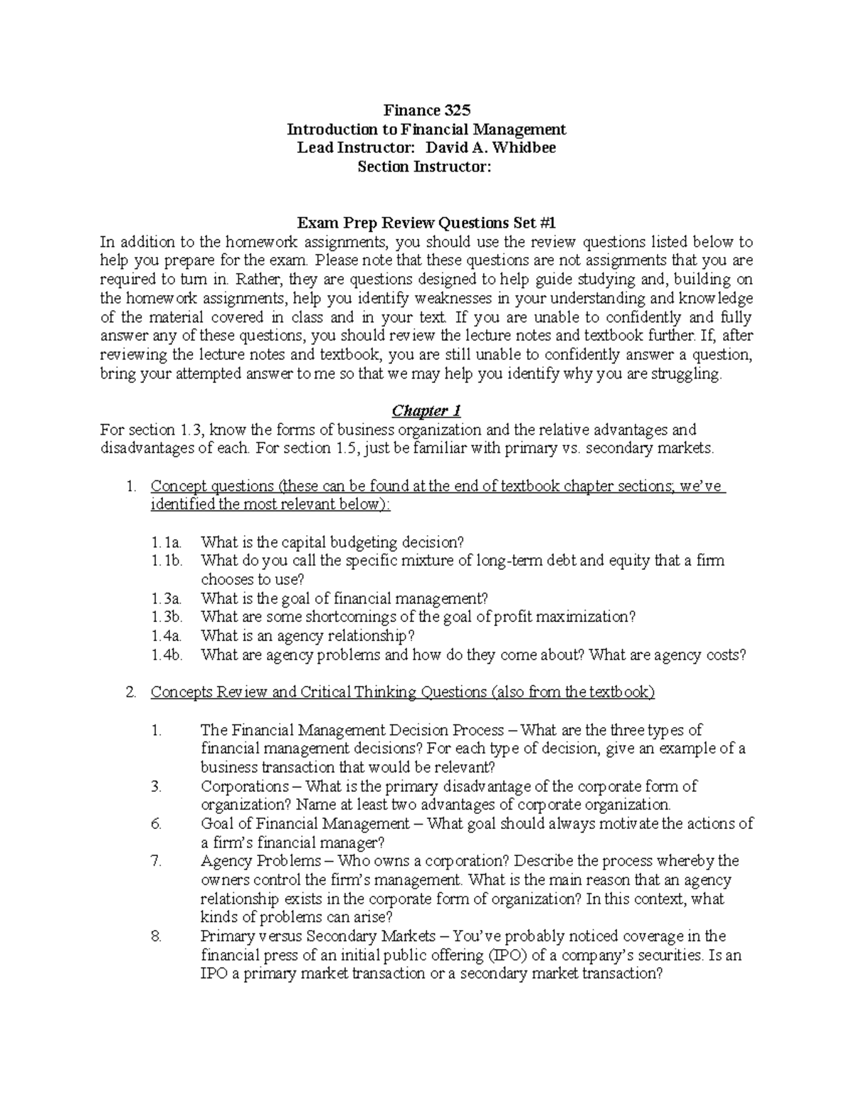 Exam 1 Review - Finance 325 Introduction to Financial Management Lead ...