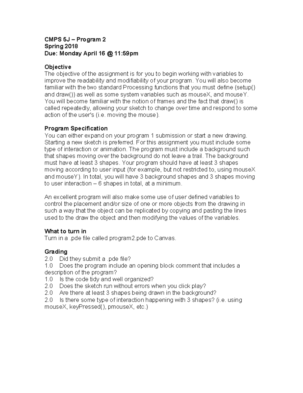 Program 2 - CMPS 5J – Program 2 Spring 2018 Due: Monday April 16 @ 11 ...