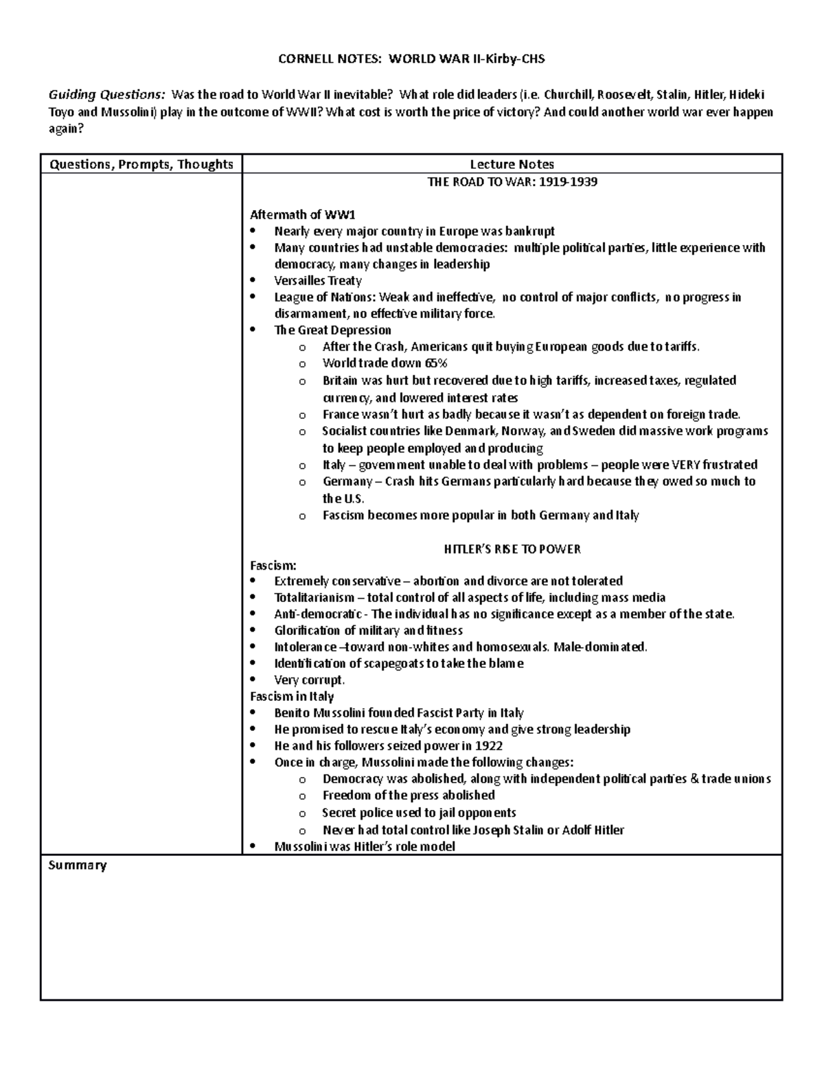 WW2 cornell notes - CORNELL NOTES: WORLD WAR II-Kirby-CHS Guiding ...