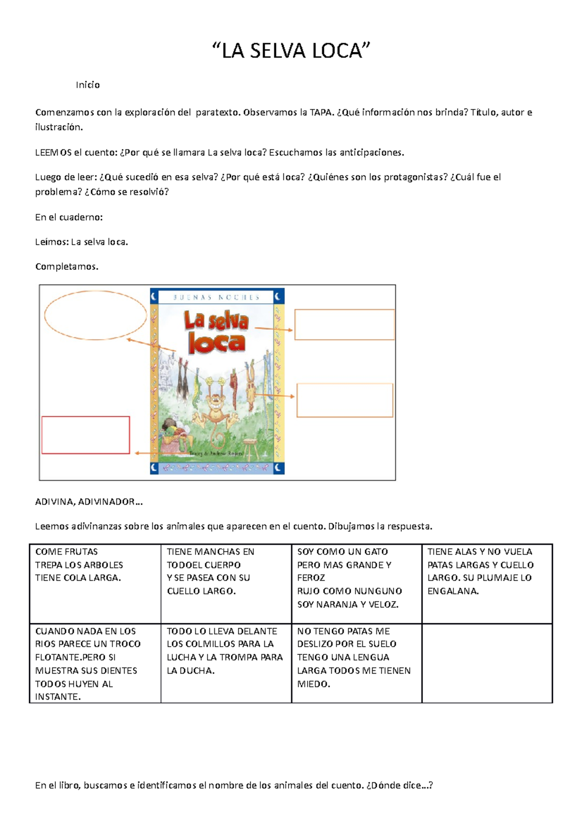 Actividades selva loca - “LA SELVA LOCA” Inicio Comenzamos con la exploración del paratexto ...